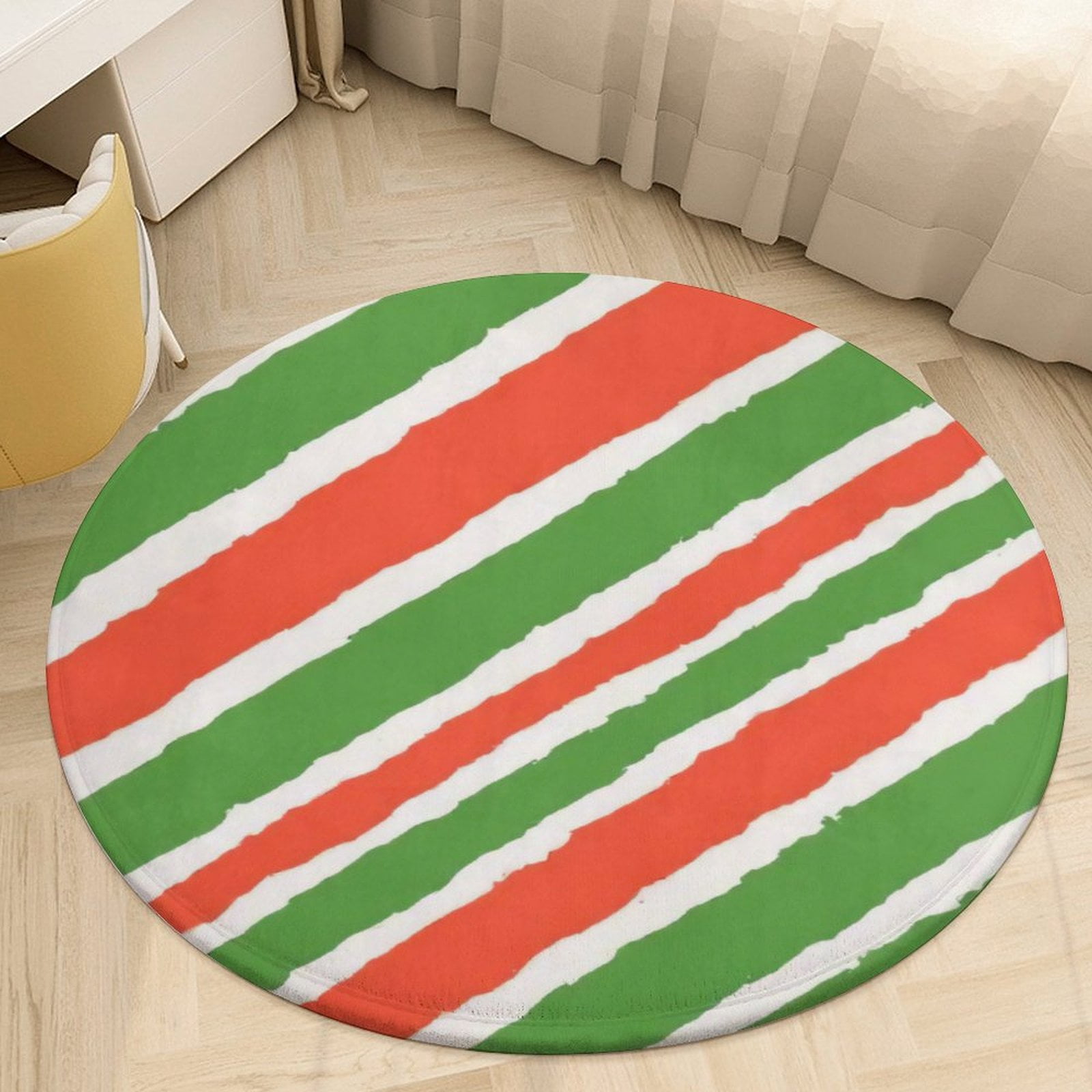 Diagonal Red, Green, White Stripes Round Area Rugs for Bedroom Living ...