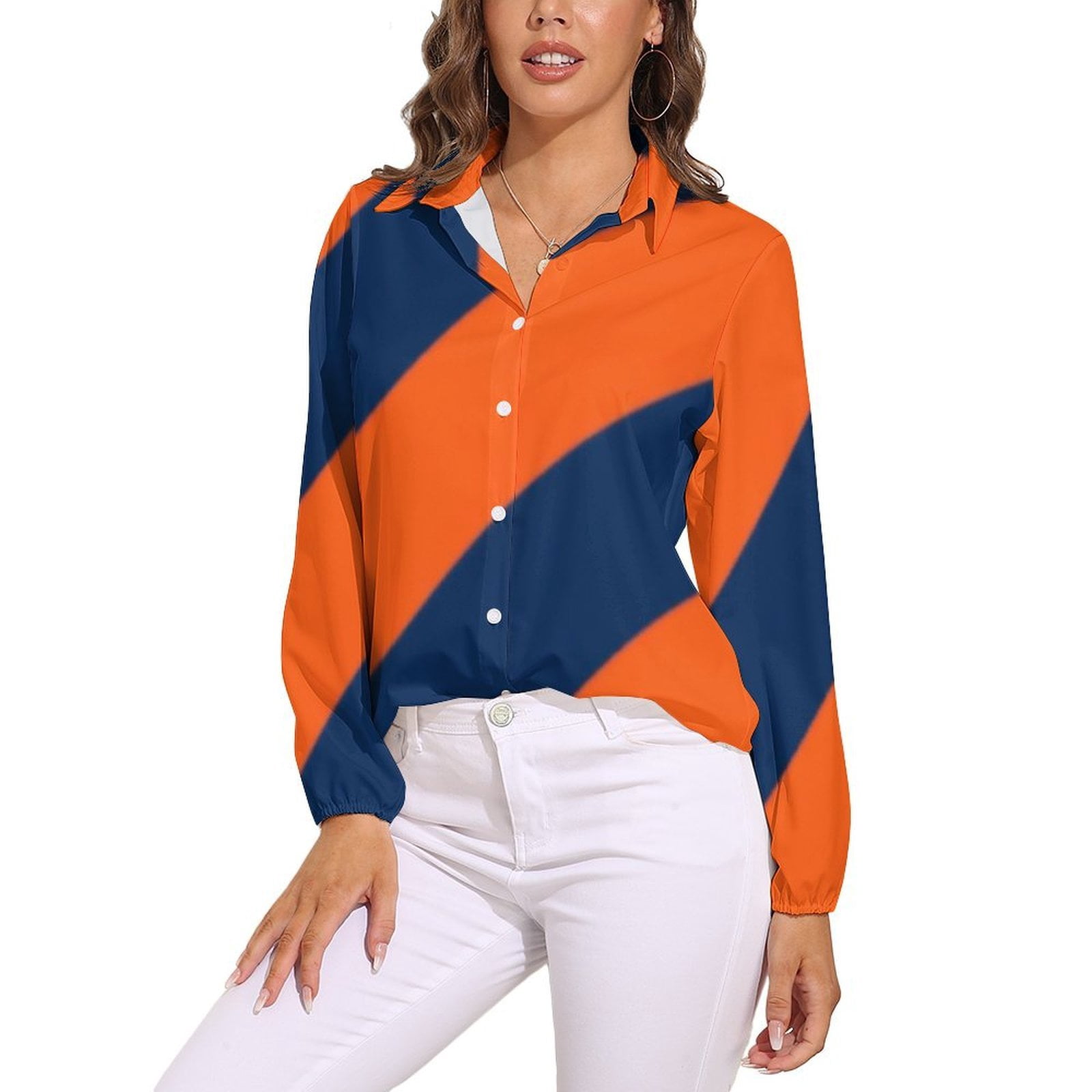 Diagonal Stripes Orange & Navy Blue-1 Vntage Casual Long Sleeve Shirt ...