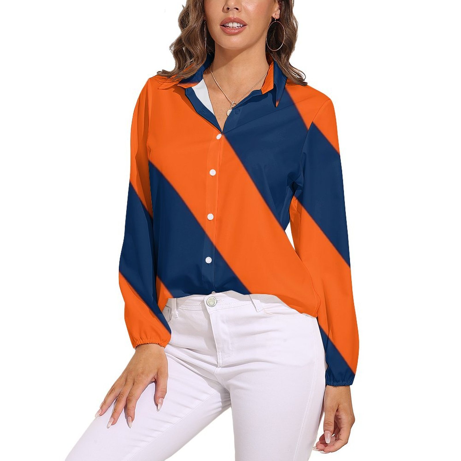Diagonal Stripes Orange & Navy Blue-2 Vntage Casual Long Sleeve Shirt ...