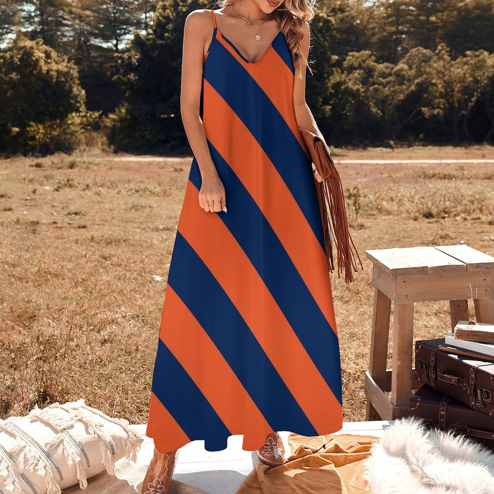 Diagonal Stripes: Orange & Navy Blue Sleeveless Dress evening dress ...
