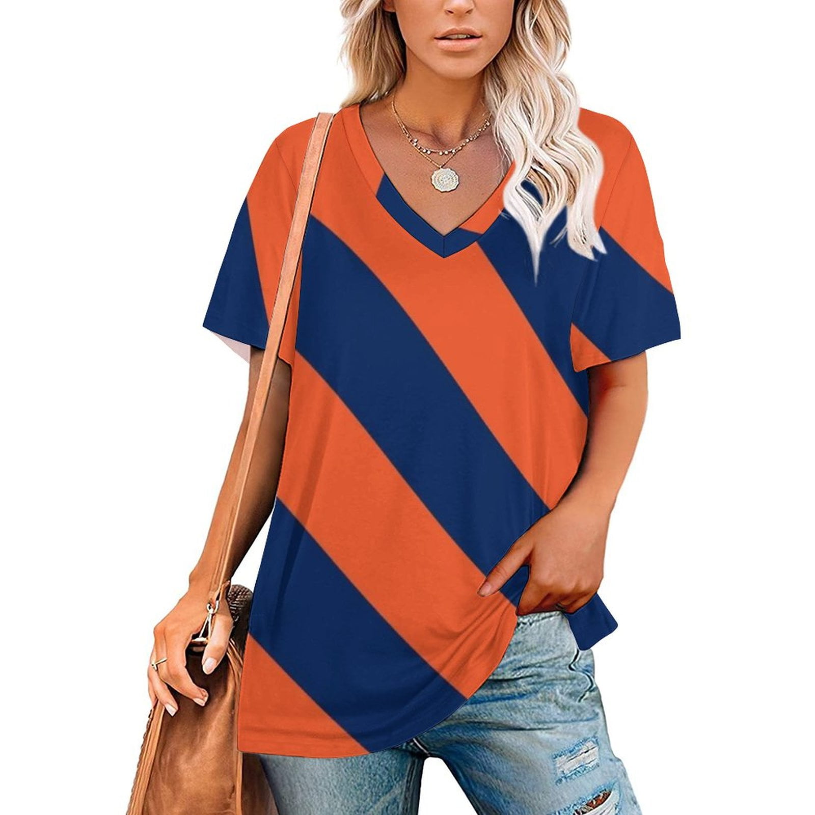 Diagonal Stripes : Orange & Navy Blue Women Short Sleeve Tops O-Neck ...