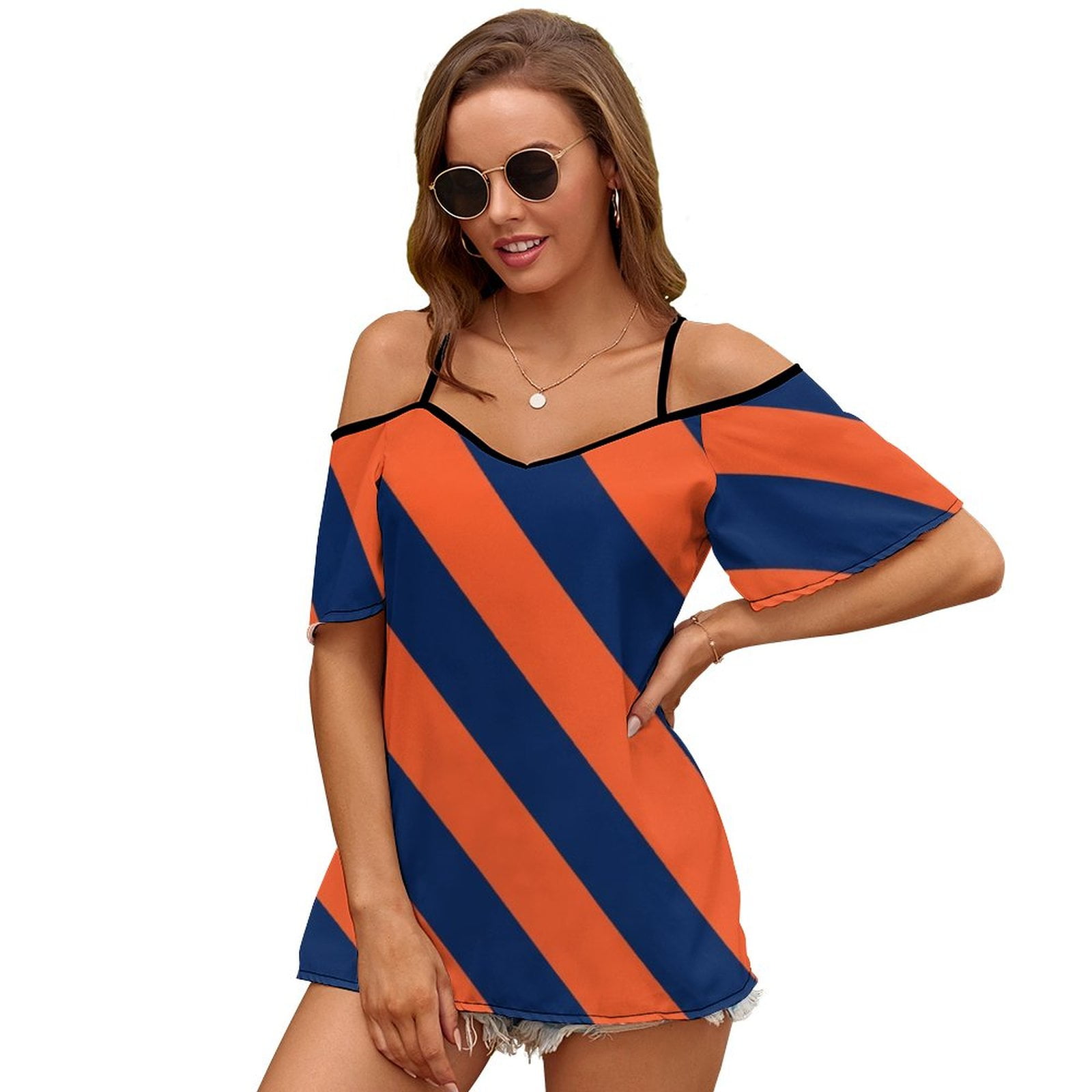 Diagonal Stripes : Orange & Navy Blue Women Short Sleeve Tops O-Neck ...