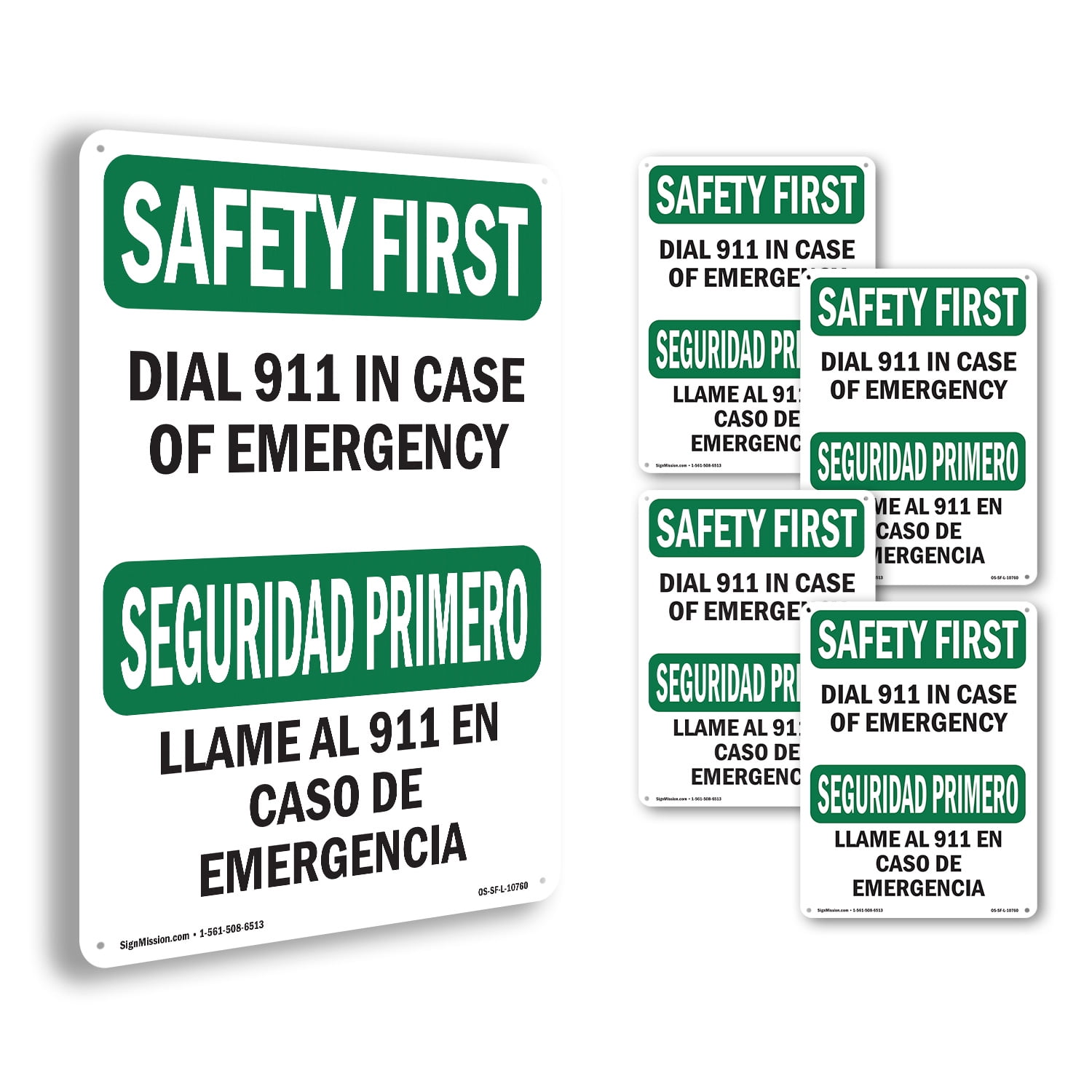 Dial 911 In Emergency Bilingual OSHA SAFETY FIRST Rigid Plastic Sign 10 ...