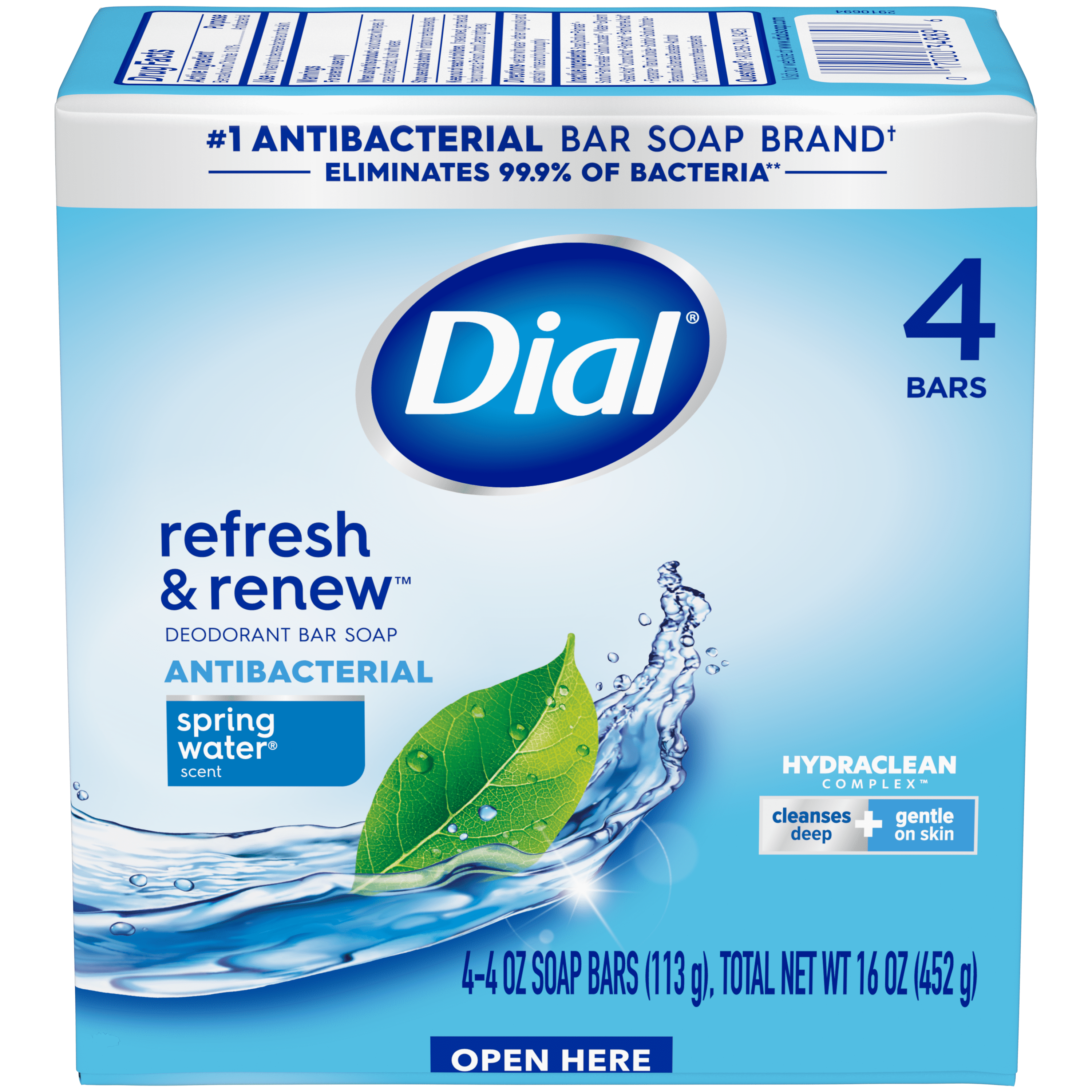 Dial Antibacterial Bar Soap, Refresh & Renew, Spring Water, 4 oz, 4 ...