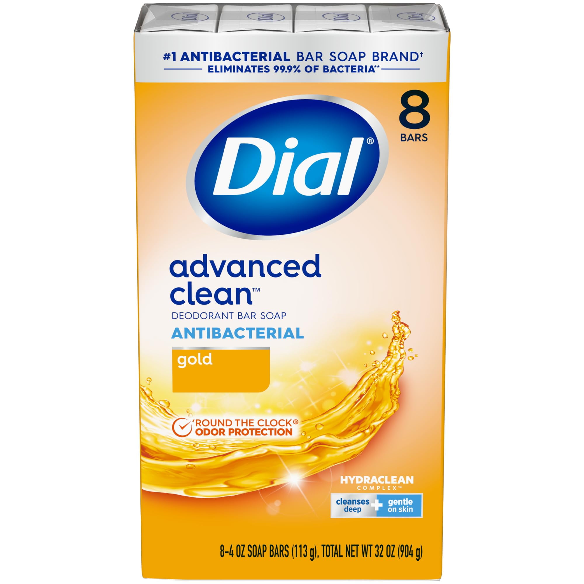 Dial Antibacterial Deodorant Bar Soap, Advanced Clean, Gold, 4 Oz, 8 ...