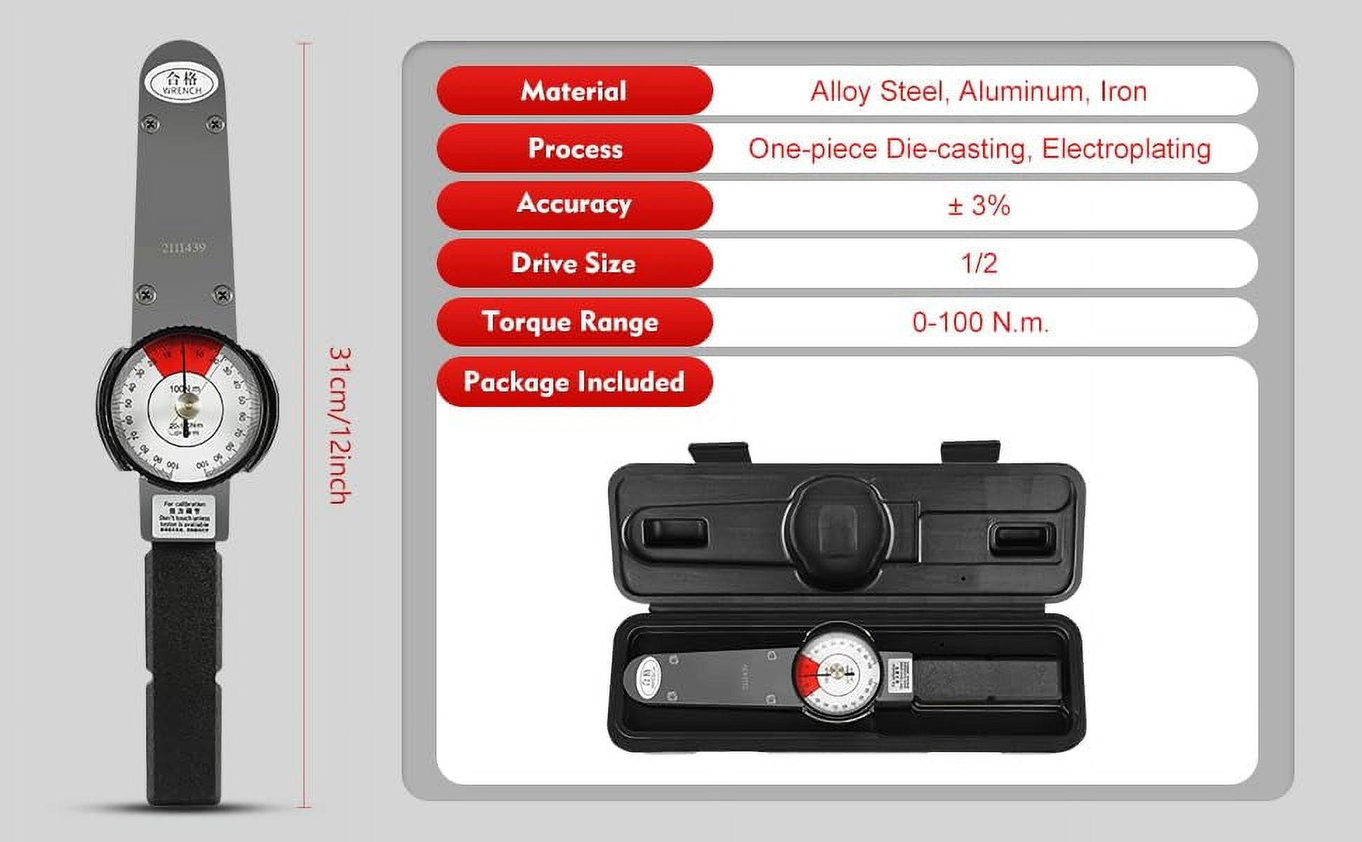 Dial Indicator Torque Wrench, 1/2" Drive Indicating Torquemeter, 0-100 ...
