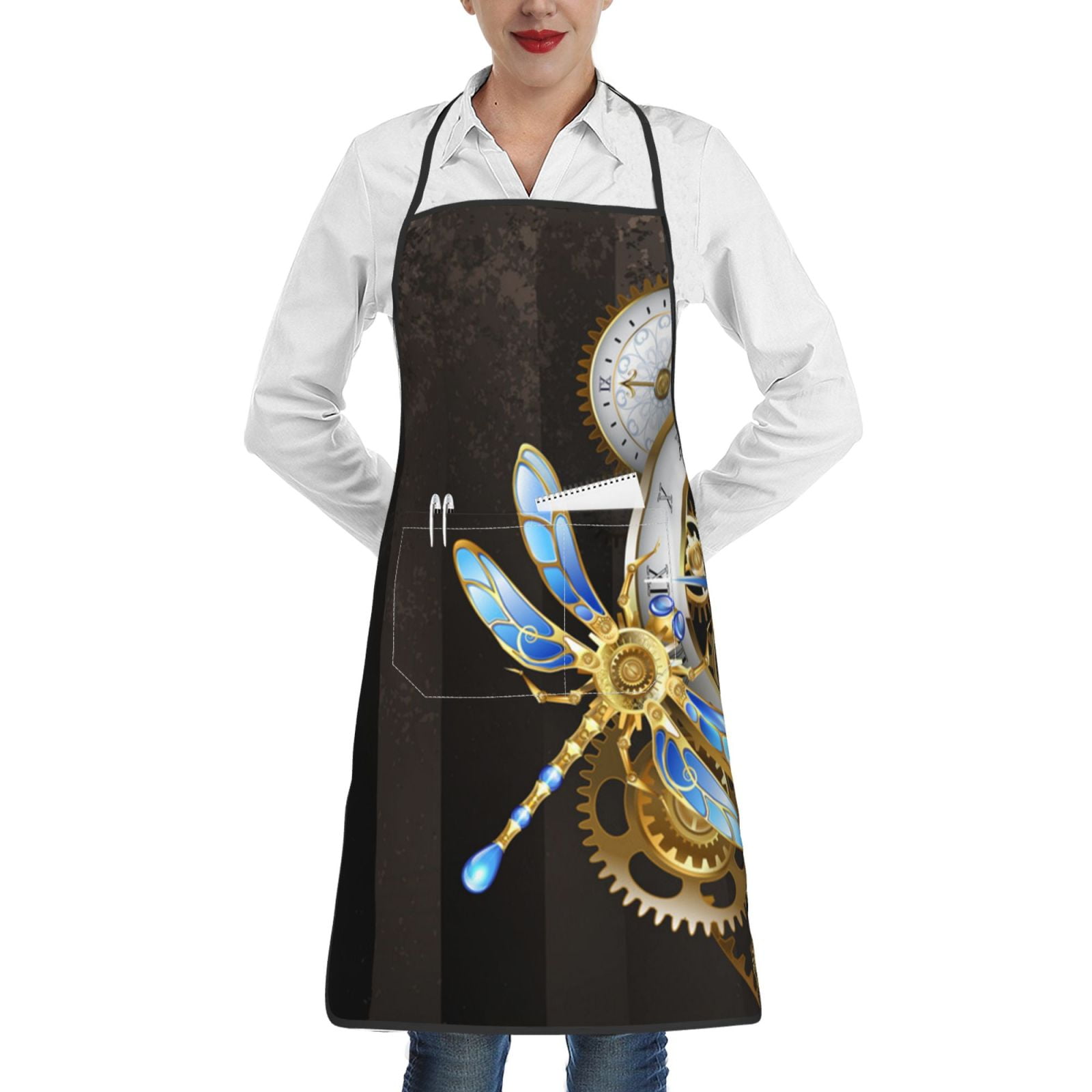 Dials With Dragonfly Steampunk Gold Clock Apron with Pocket Cooking ...