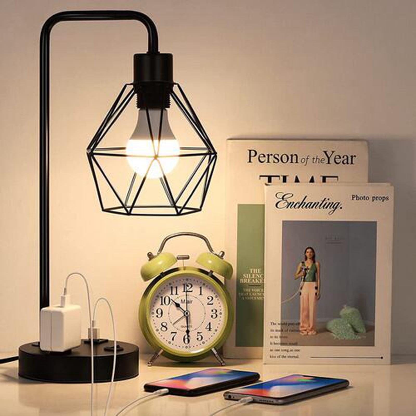 Diamond All-Black LED Desk Lamp with Dual USB Charging Ports, Home ...
