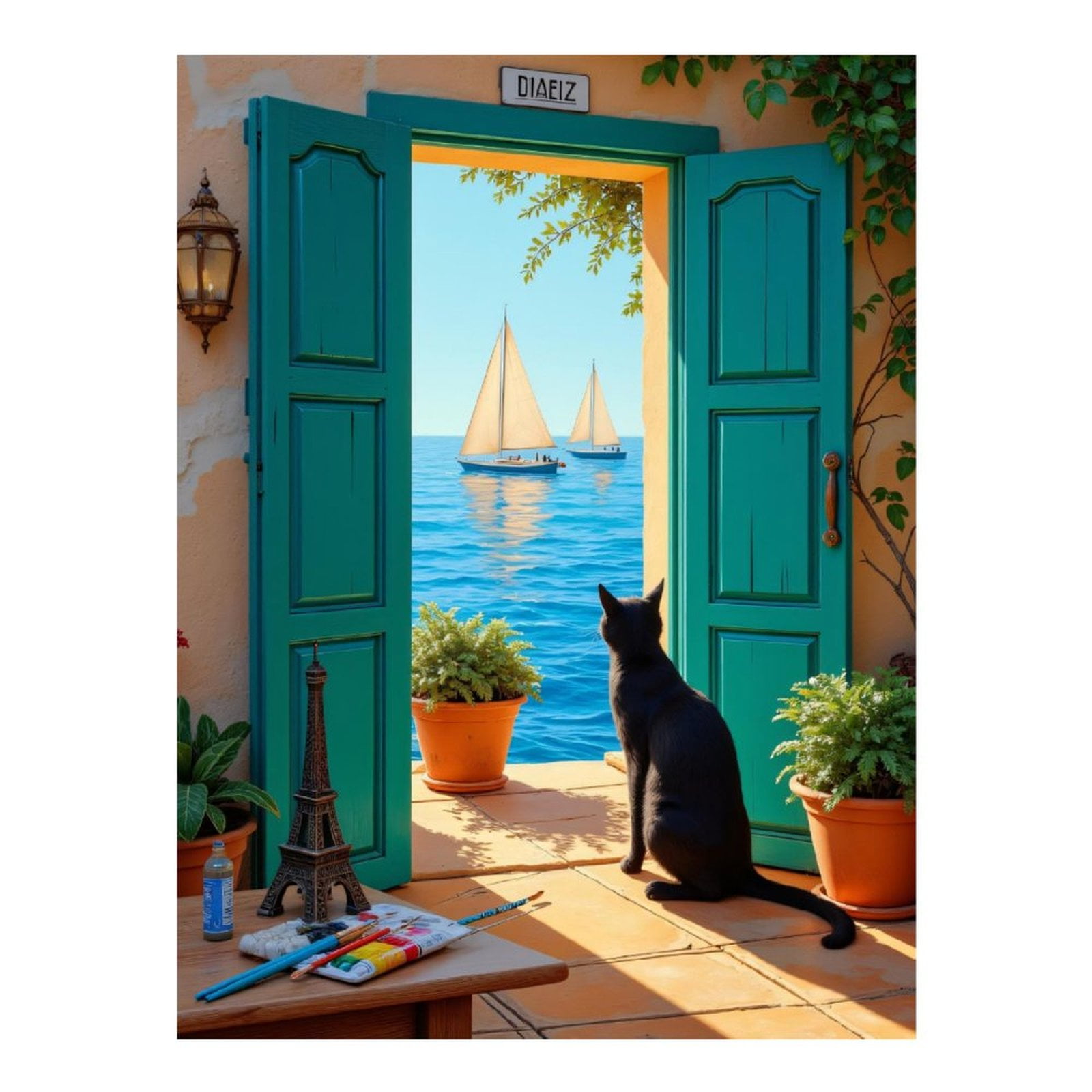 Diamond Art Kit for Adults, Black Cat Open Door Sailing View Diamond ...