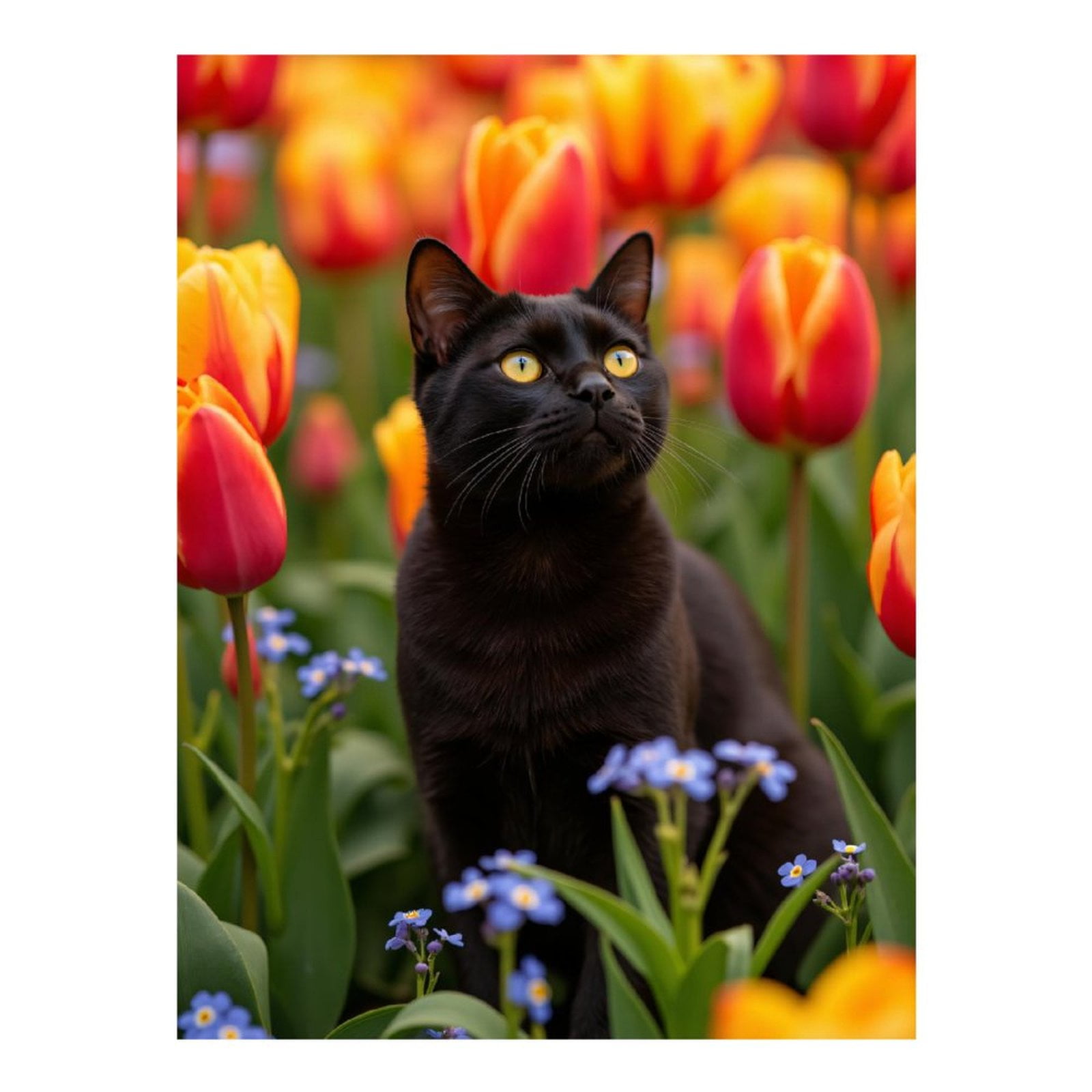 Diamond Art Kit for Adults, Black Cat Tulips Garden Orange Flowers ...