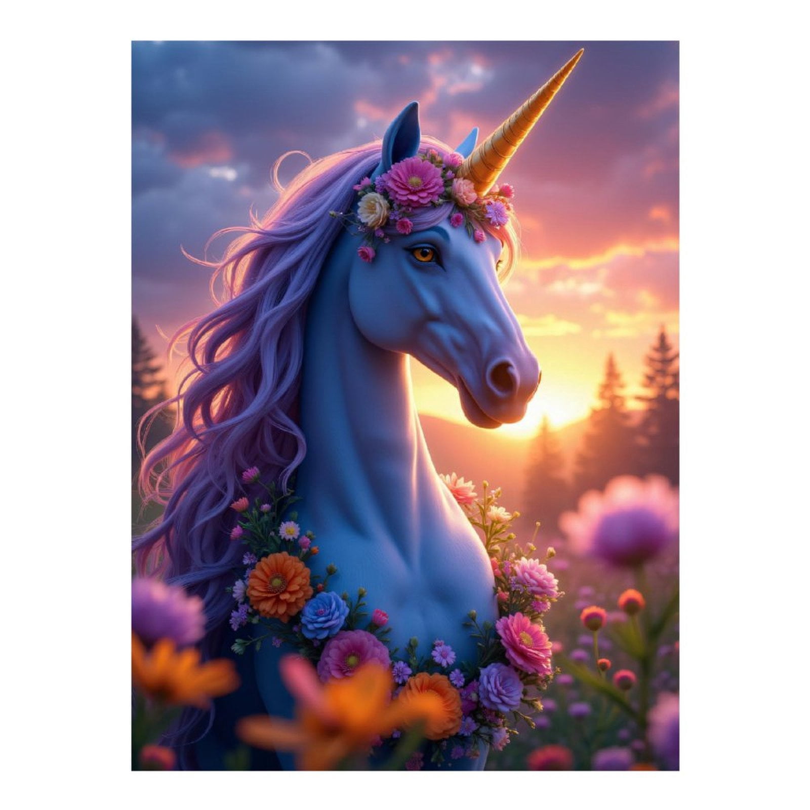 Diamond Art Kit for Adults, Blue Mythical Creature Floral Sunset ...