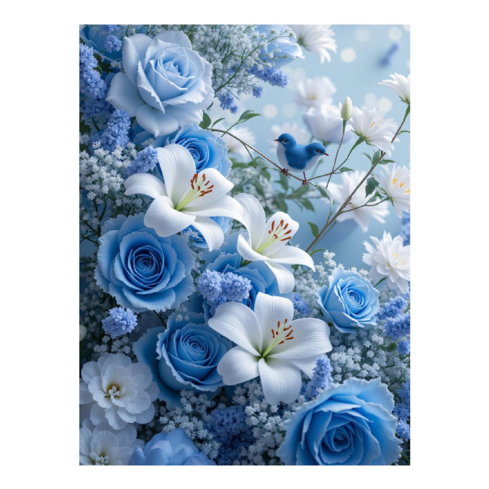 Diamond Art Kit for Adults, Blue Roses White Lilies Bird Art Diamond ...