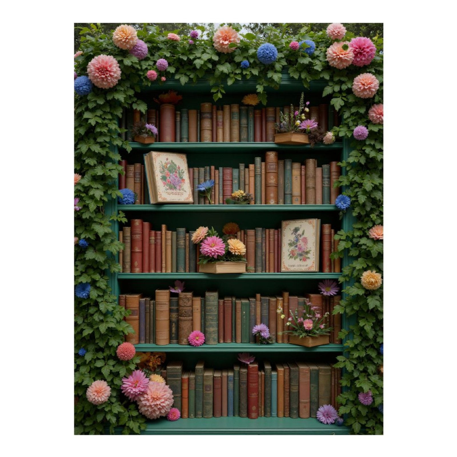 Diamond Art Kit for Adults, Bookshelf With Flowers And Vines Diamond ...