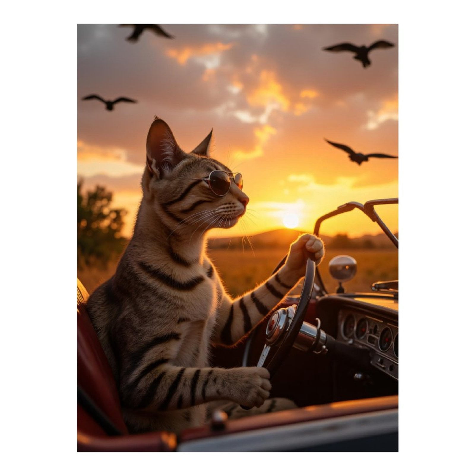 Diamond Art Kit for Adults, Cat Driving Convertible Sunset Adventure ...