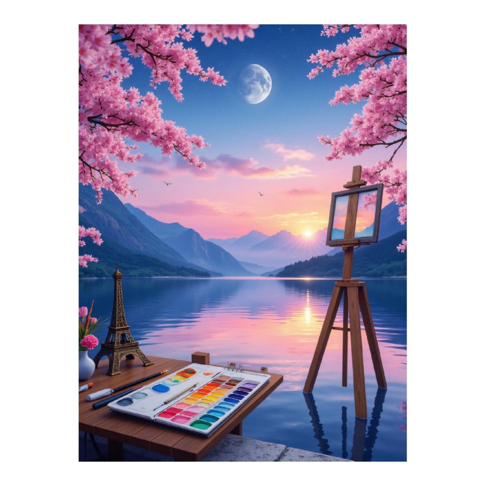 Diamond Art Kit for Adults, Cherry Blossom Lake Painting Sunset Diamond ...