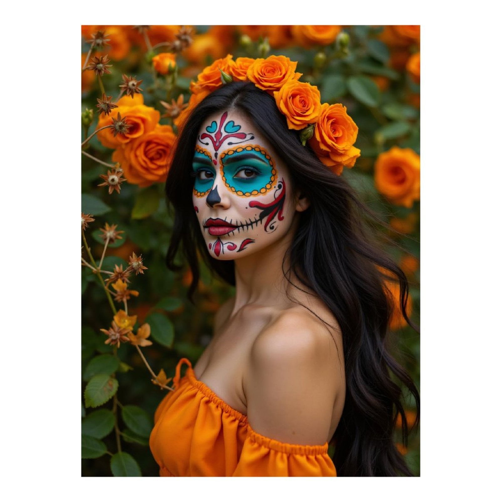 Diamond Art Kit for Adults, Dia De La Catrina Orange Roses Diamond ...