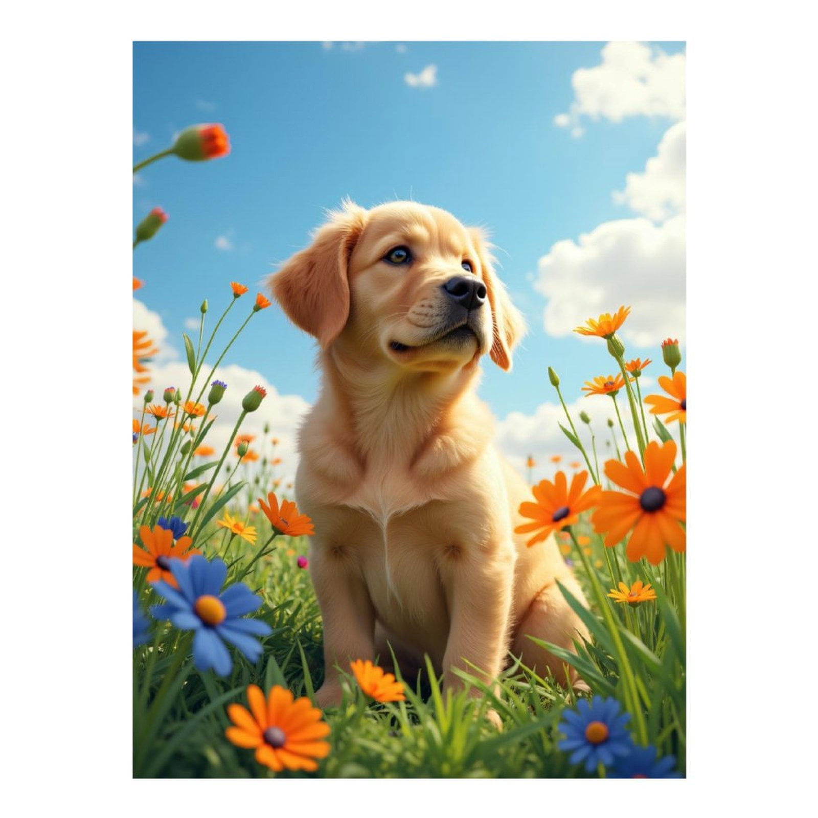 Diamond Art Kit for Adults, Golden Puppy In Flower Field Diamond ...