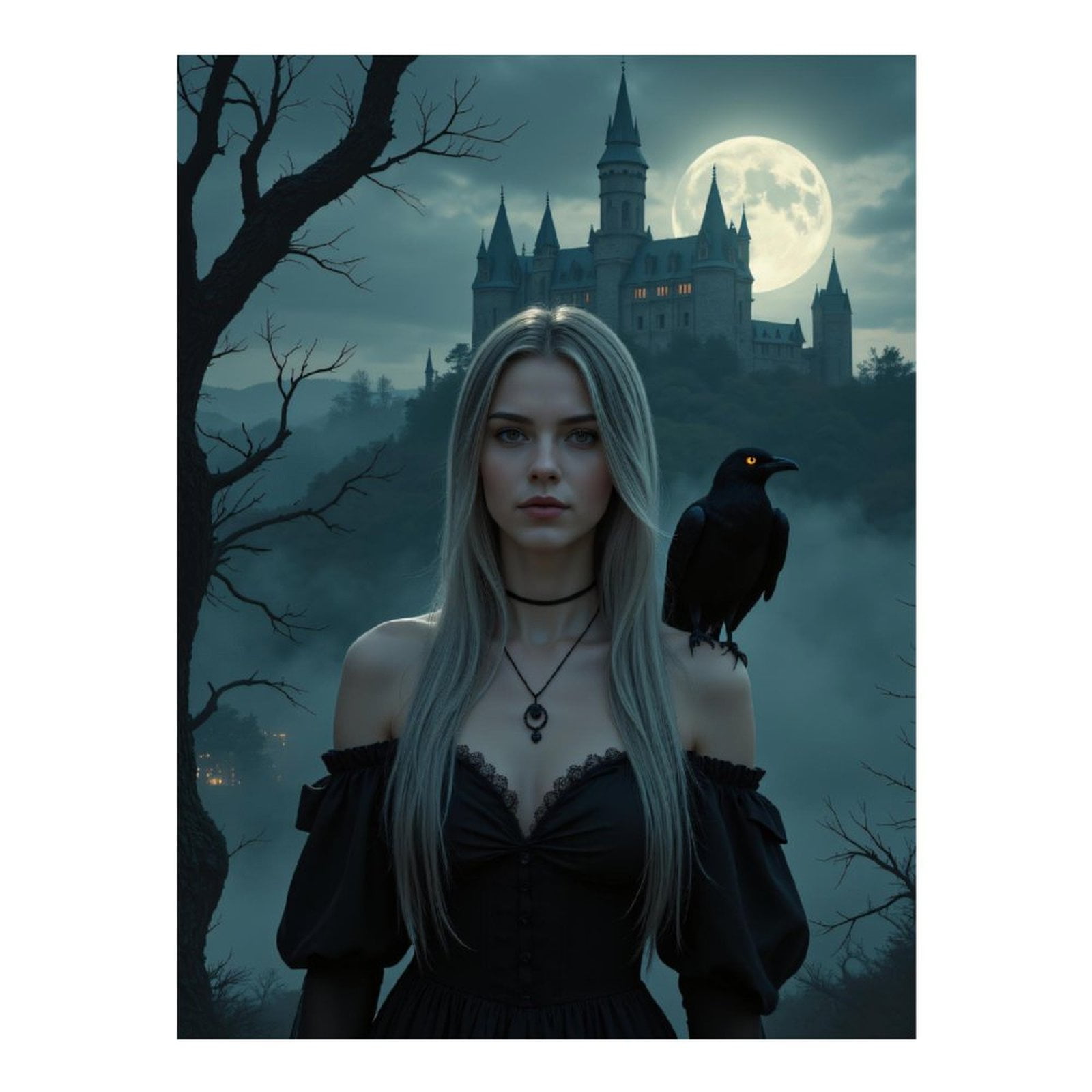 Diamond Art Kit for Adults, Gothic Woman Raven Castle Moonlit Diamond ...