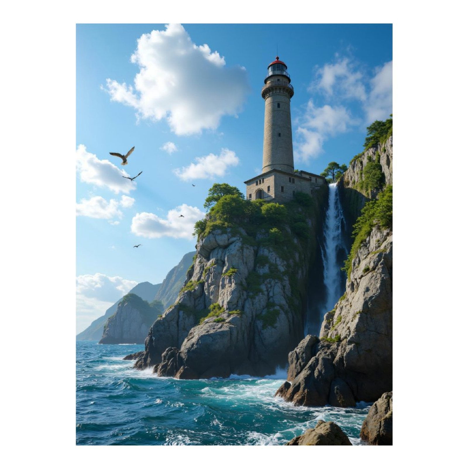 Diamond Art Kit for Adults, Lighthouse Cliff Ocean Waterfall Sky ...