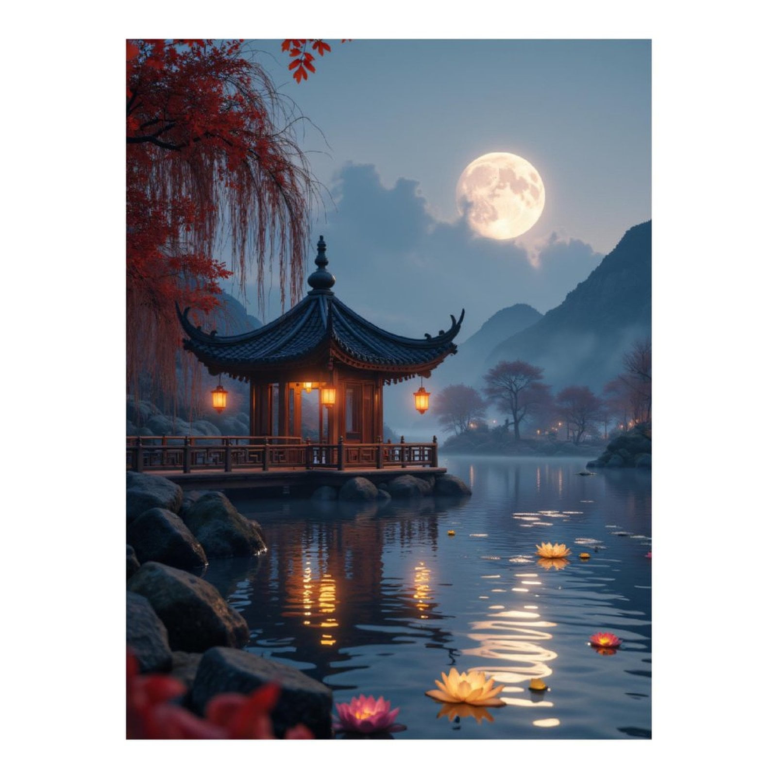 Diamond Art Kit for Adults, Moonlit Serenity Over Water Reflection ...