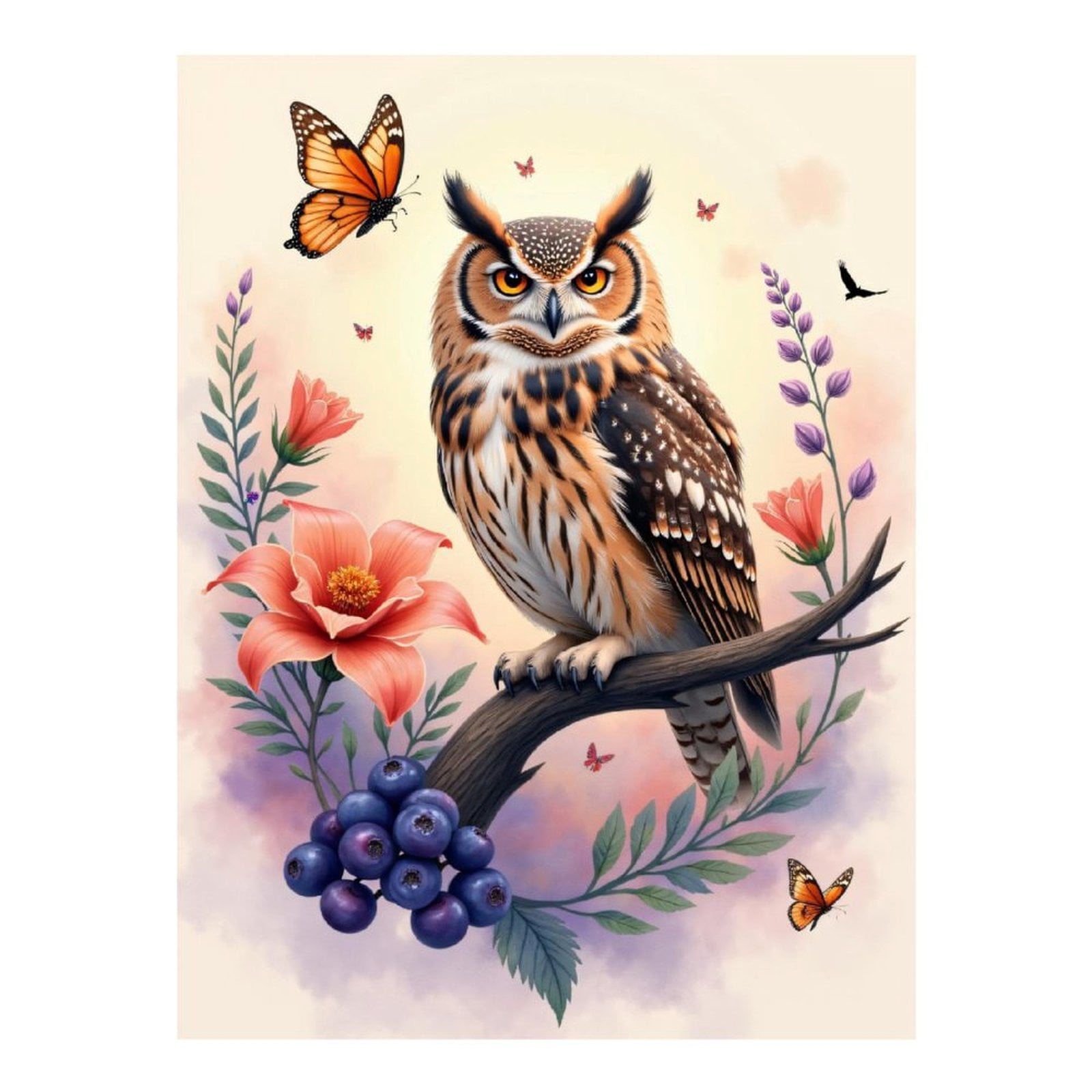 Diamond Art Kit for Adults, Owl Butterfly Blossoms Perched Branch ...