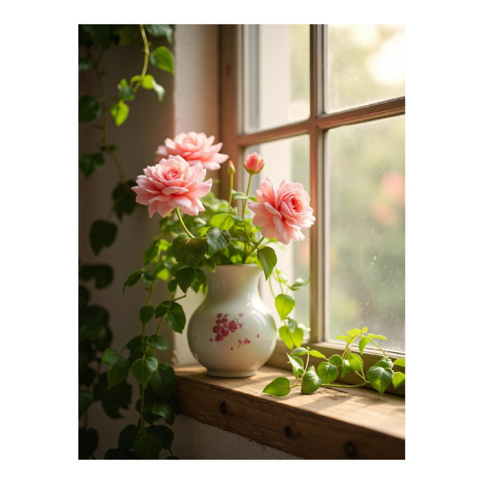 Diamond Art Kit for Adults, Pink Roses Vase Sunlit Windowpane Diamond ...