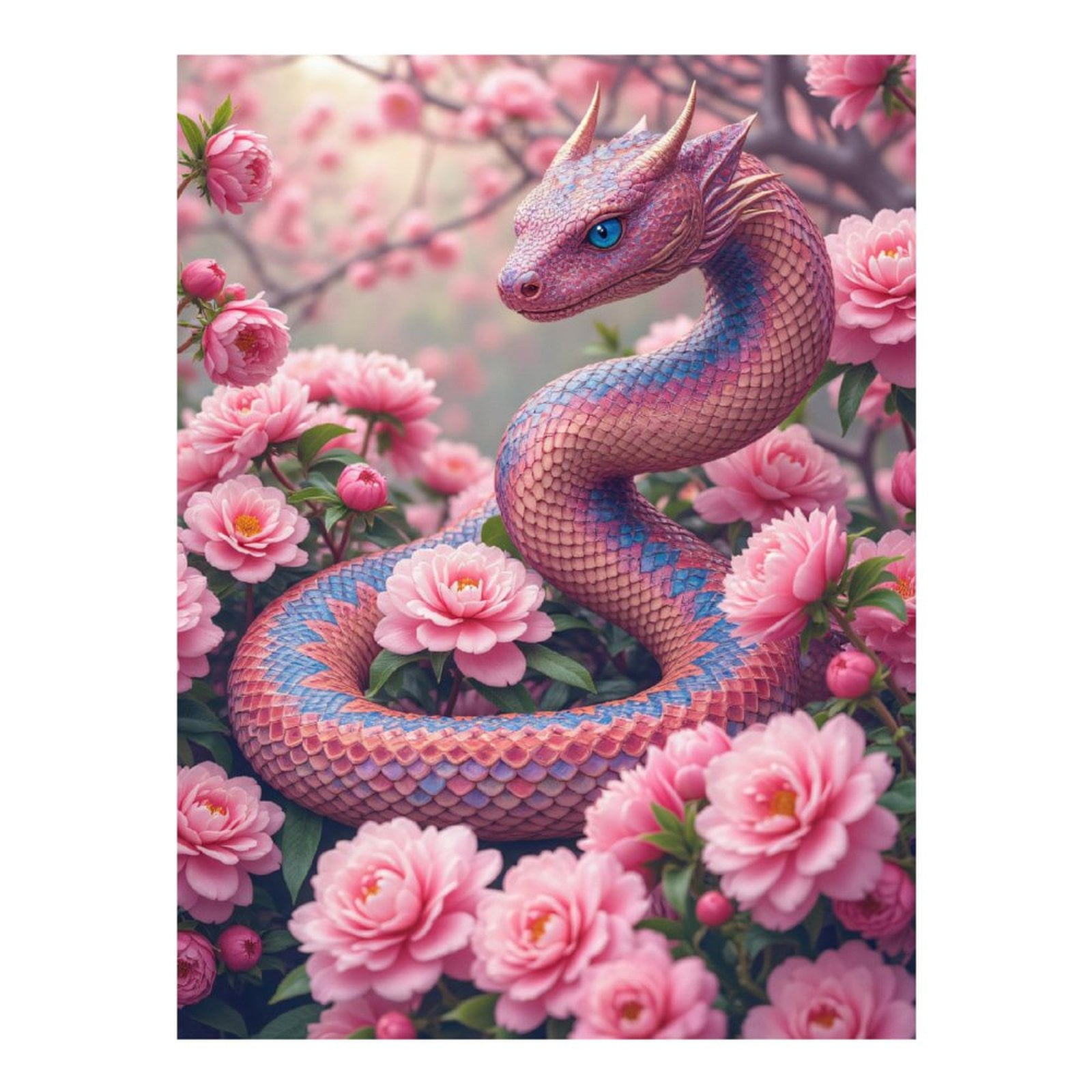 Diamond Art Kit for Adults, Pink Serpent Among Blossoming Roses Diamond ...