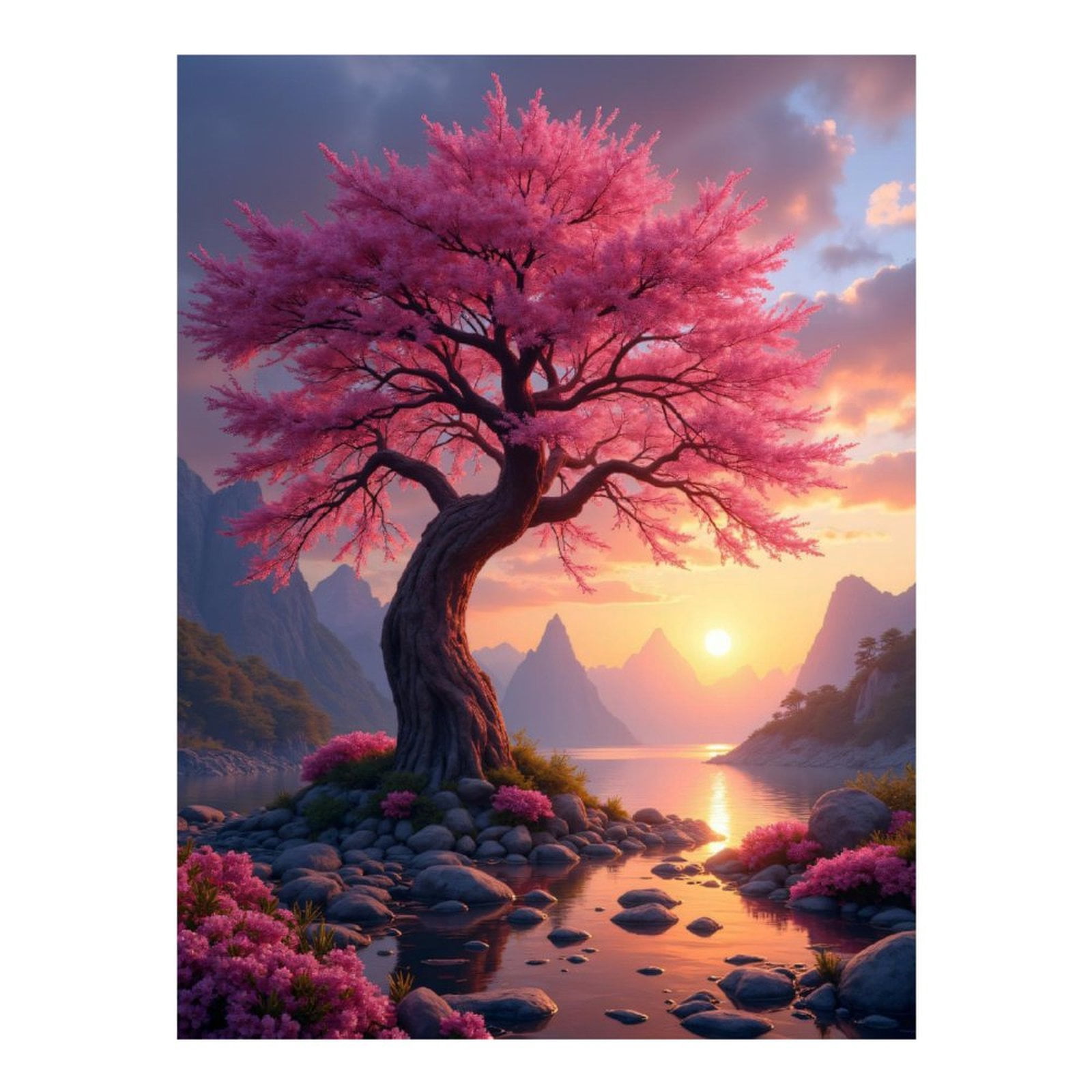 Diamond Art Kit for Adults, Pink Tree Sunset Lake Reflection Diamond ...