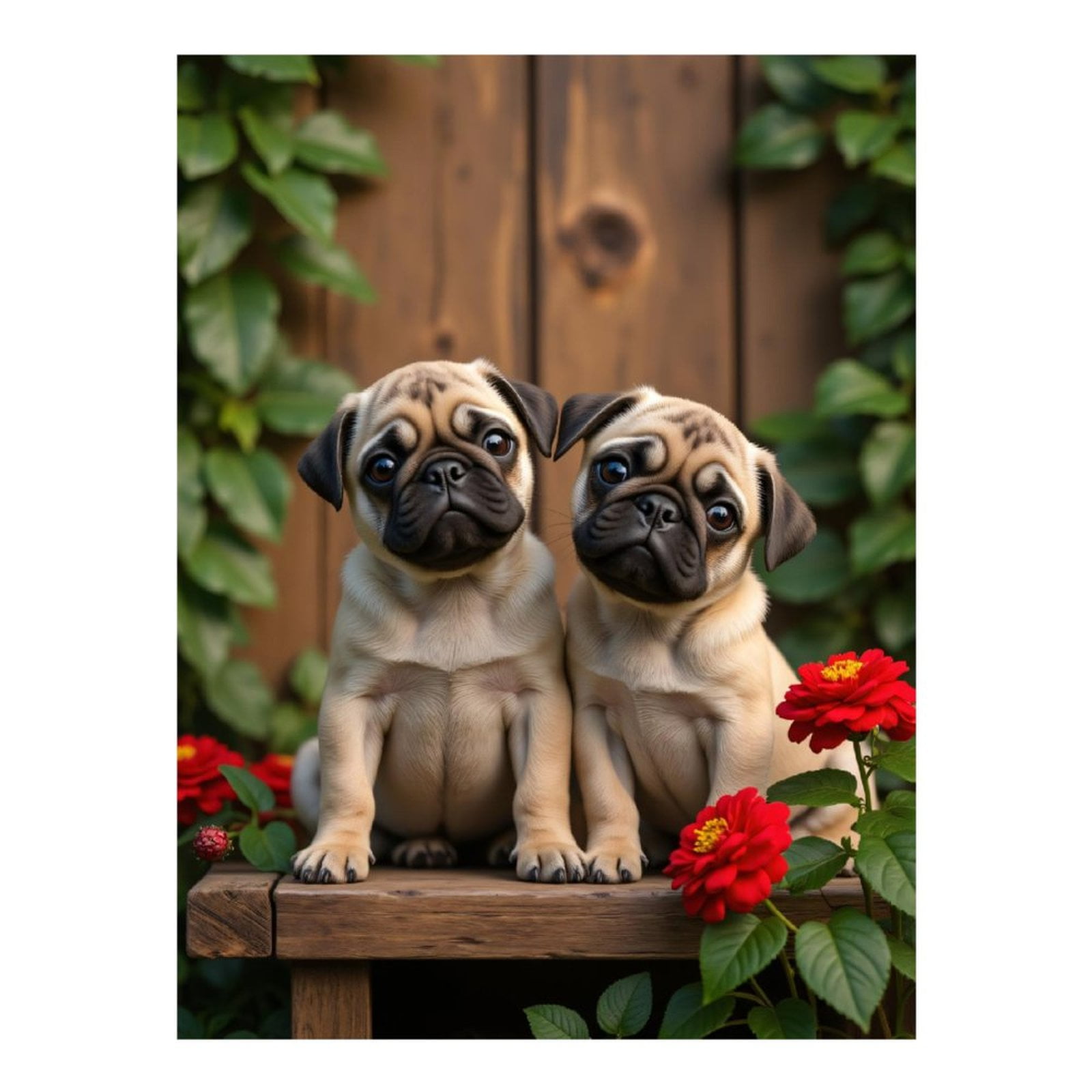 Diamond Art Kit for Adults, Pug Puppies Wooden Bench Red Flowers ...