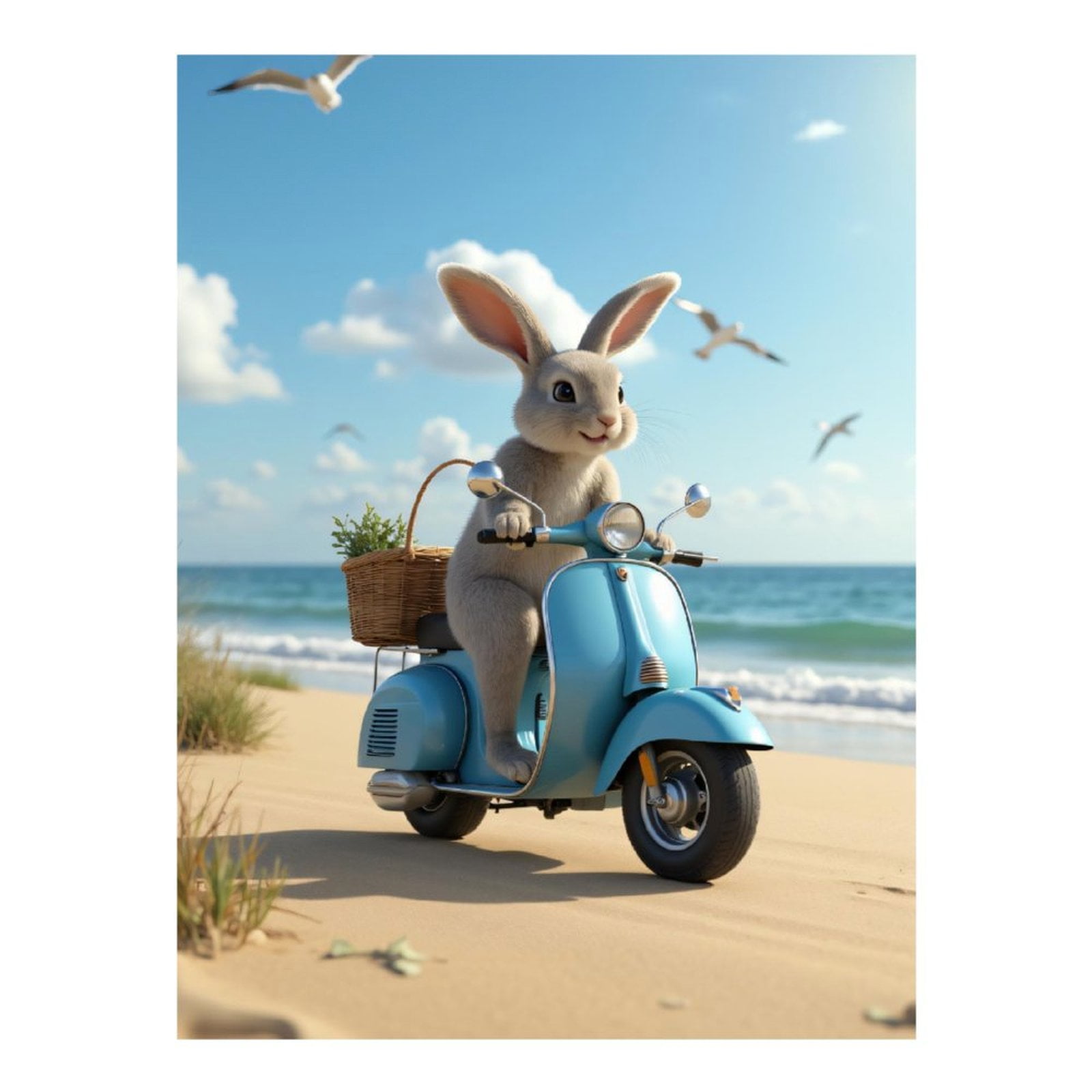 Diamond Art Kit for Adults, Rabbit Riding Blue Scooter Beach Scene ...