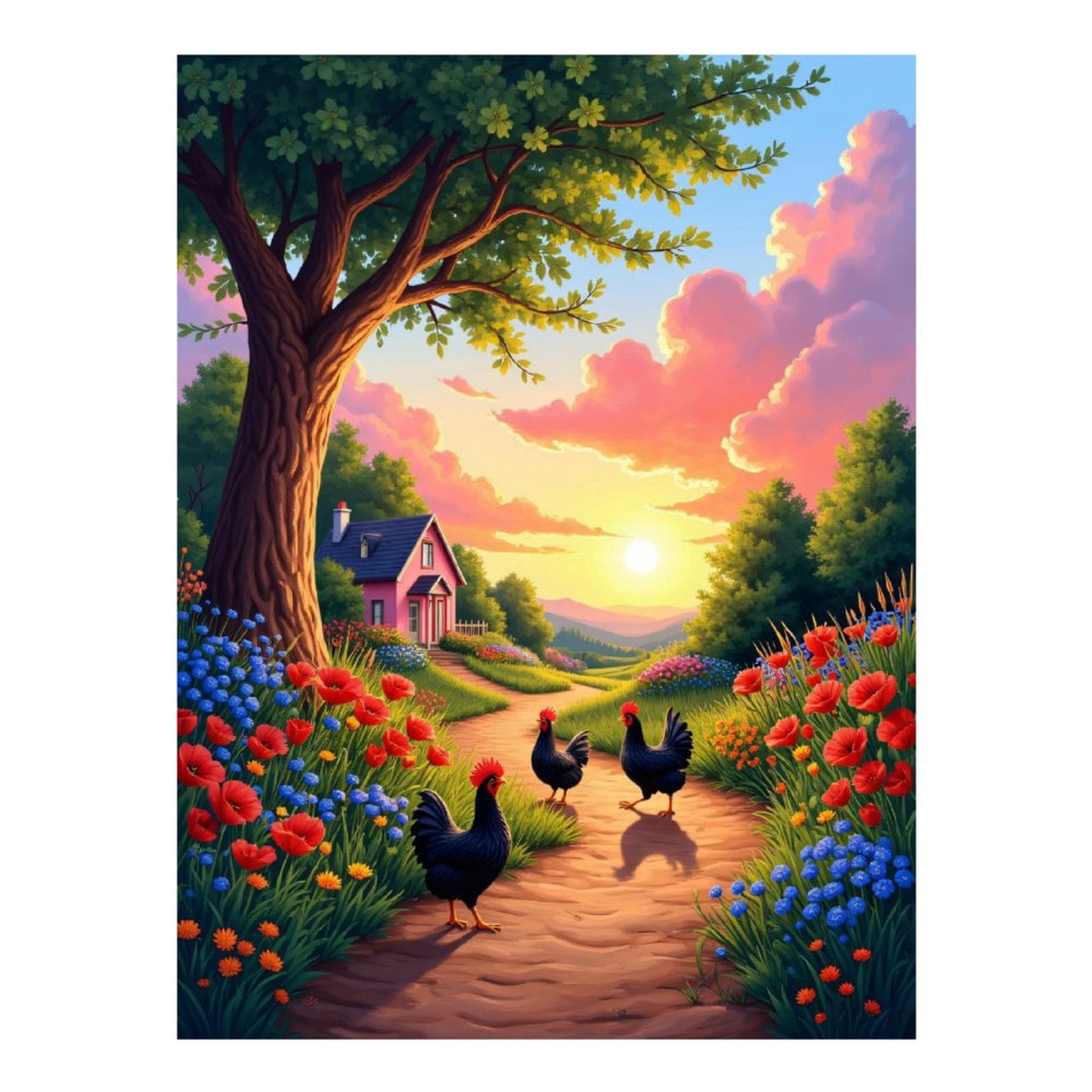 Diamond Art Kit for Adults, Rural Sunrise Pathway Rooster Flowers ...