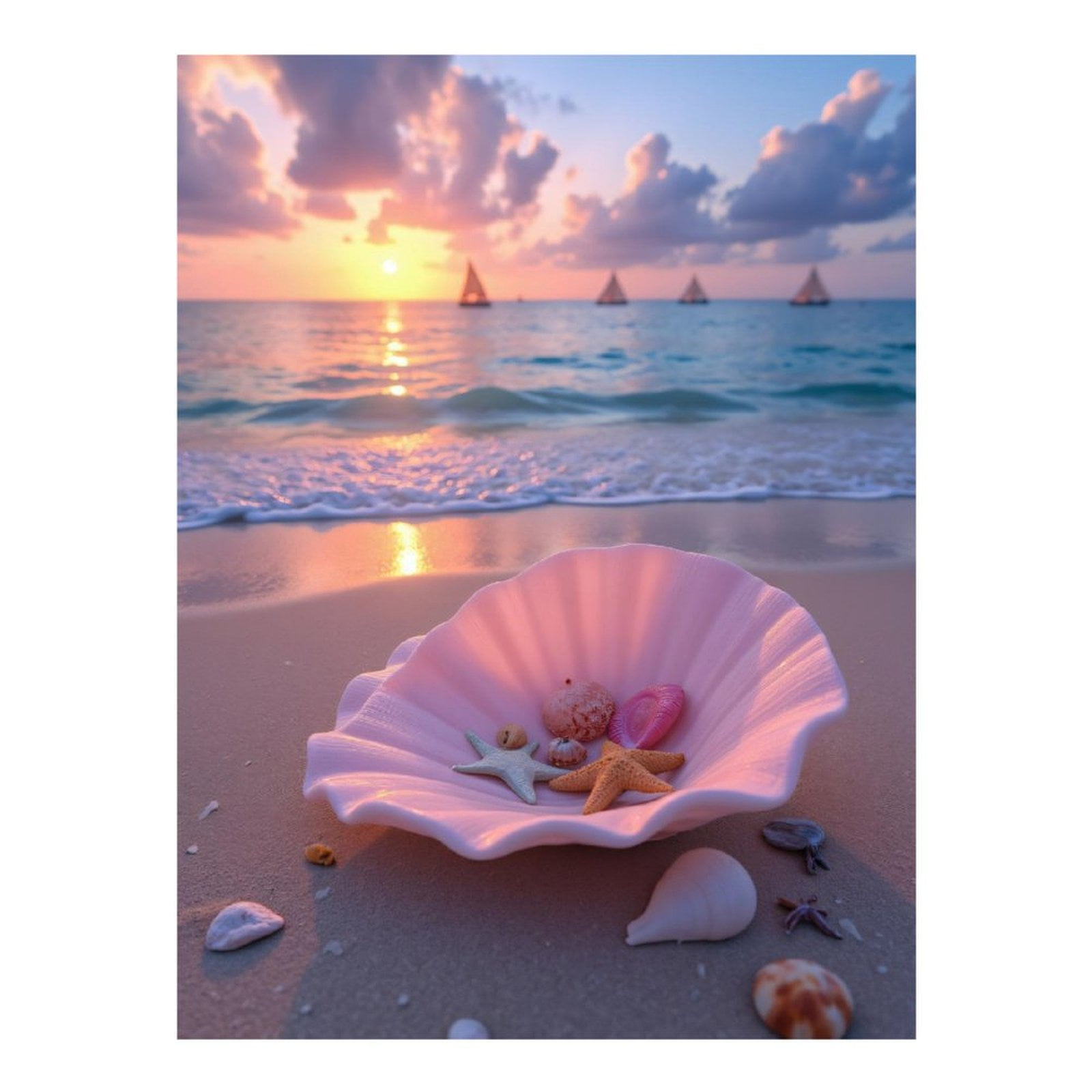 Diamond Art Kit for Adults, Seashell Sunset Ocean Beach Vessels Diamond ...