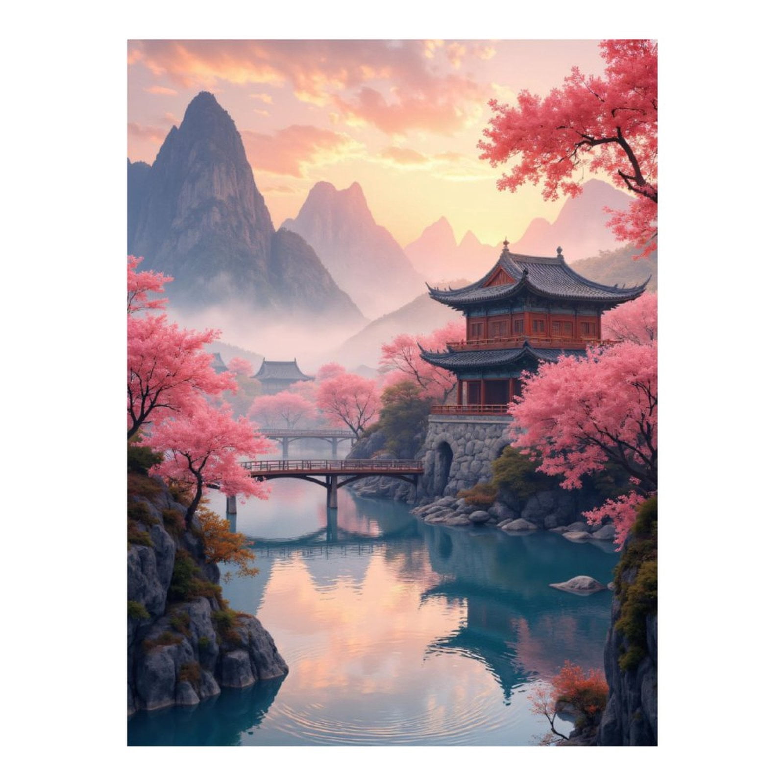 Diamond Art Kit for Adults, Serene Mountain Cherry Blossom Scene ...