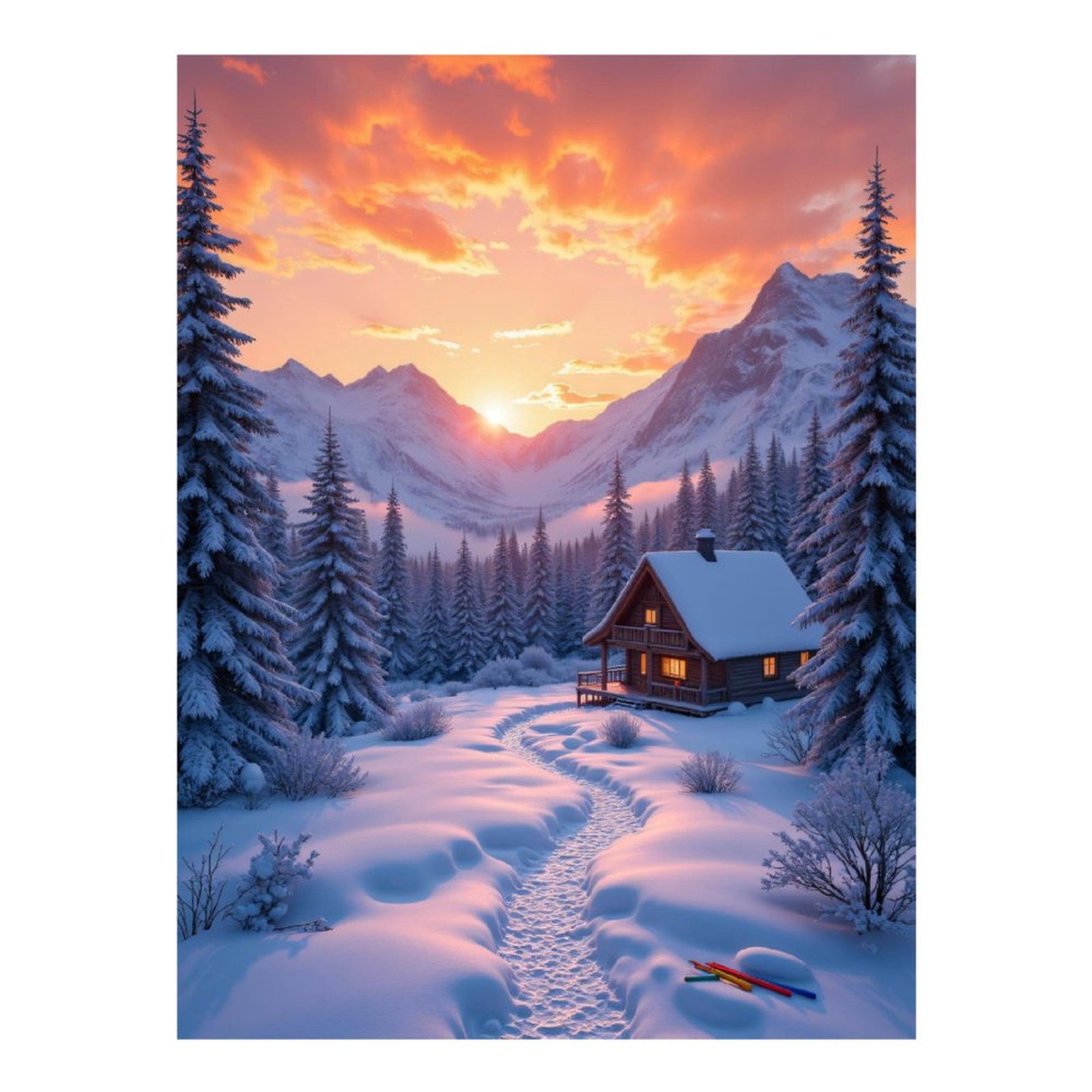 Diamond Art Kit for Adults, Snowy Mountain Cabin Sunrise Scene Diamond ...