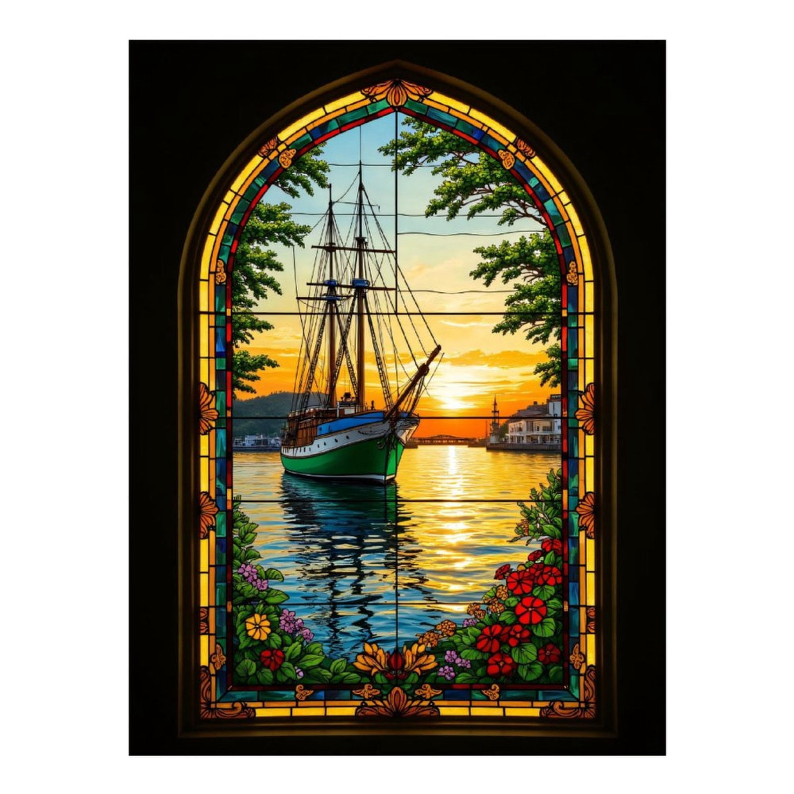 Diamond Art Kit for Adults, Stained Glass Ship Sunset Scene Diamond ...