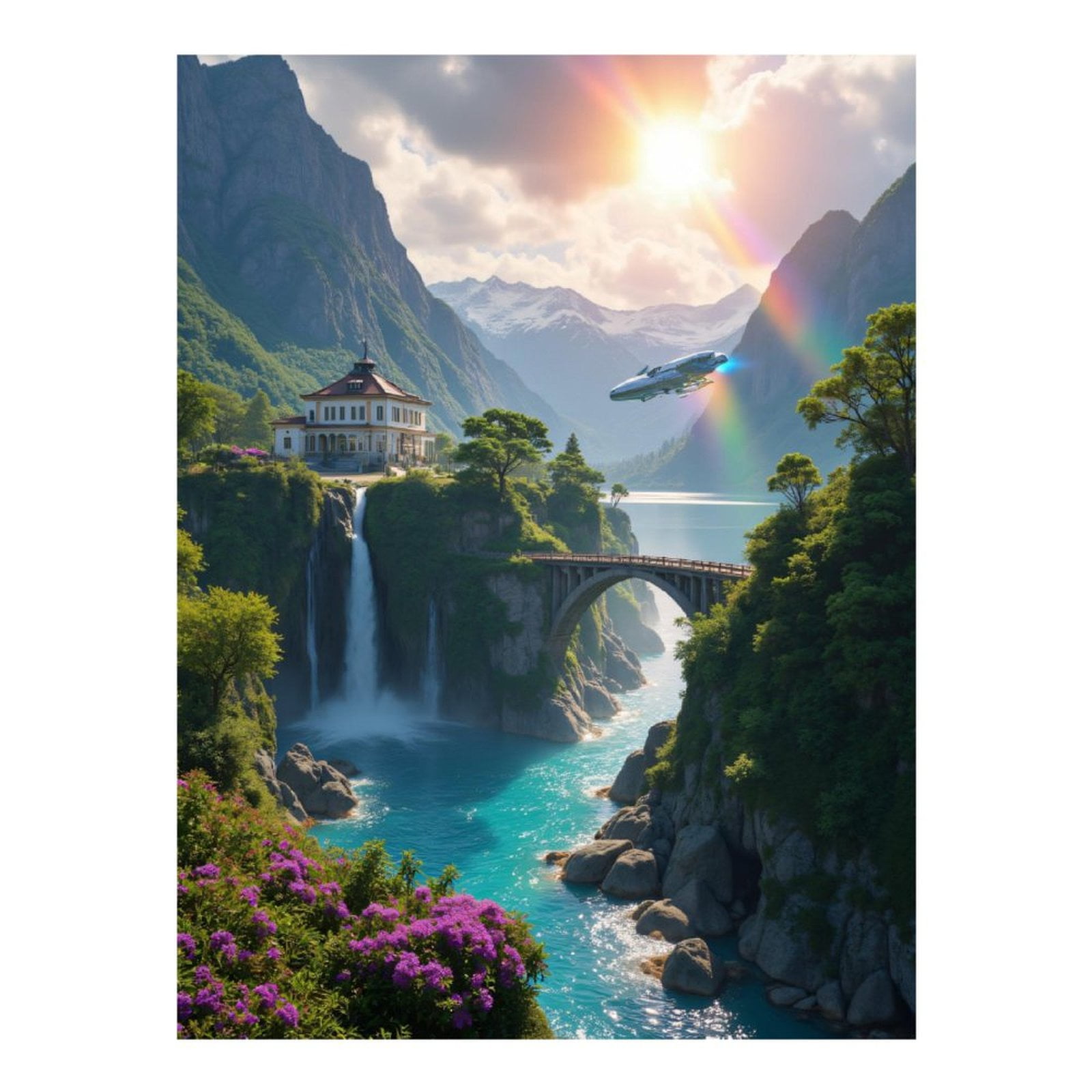Diamond Art Kit for Adults, Waterfall Villa Bridge Sunset Rainbow ...