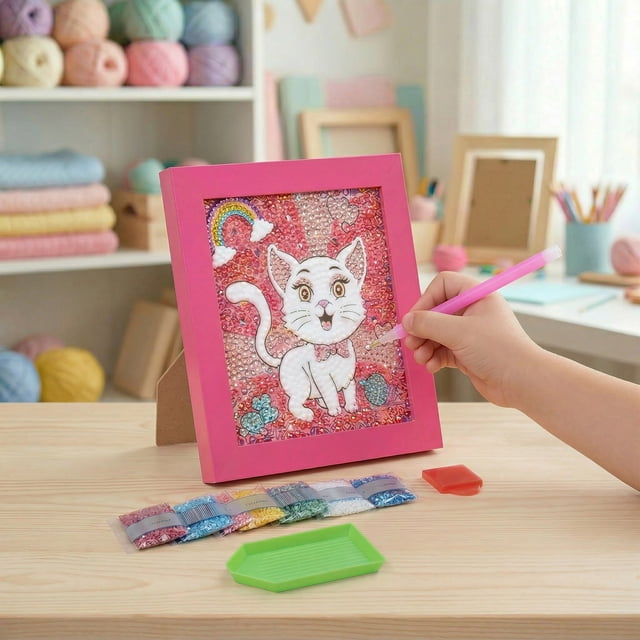 Diamond Art Kit Set 7 1/8" x 7 1/8" with Frame (Cat with Pink Frame ...