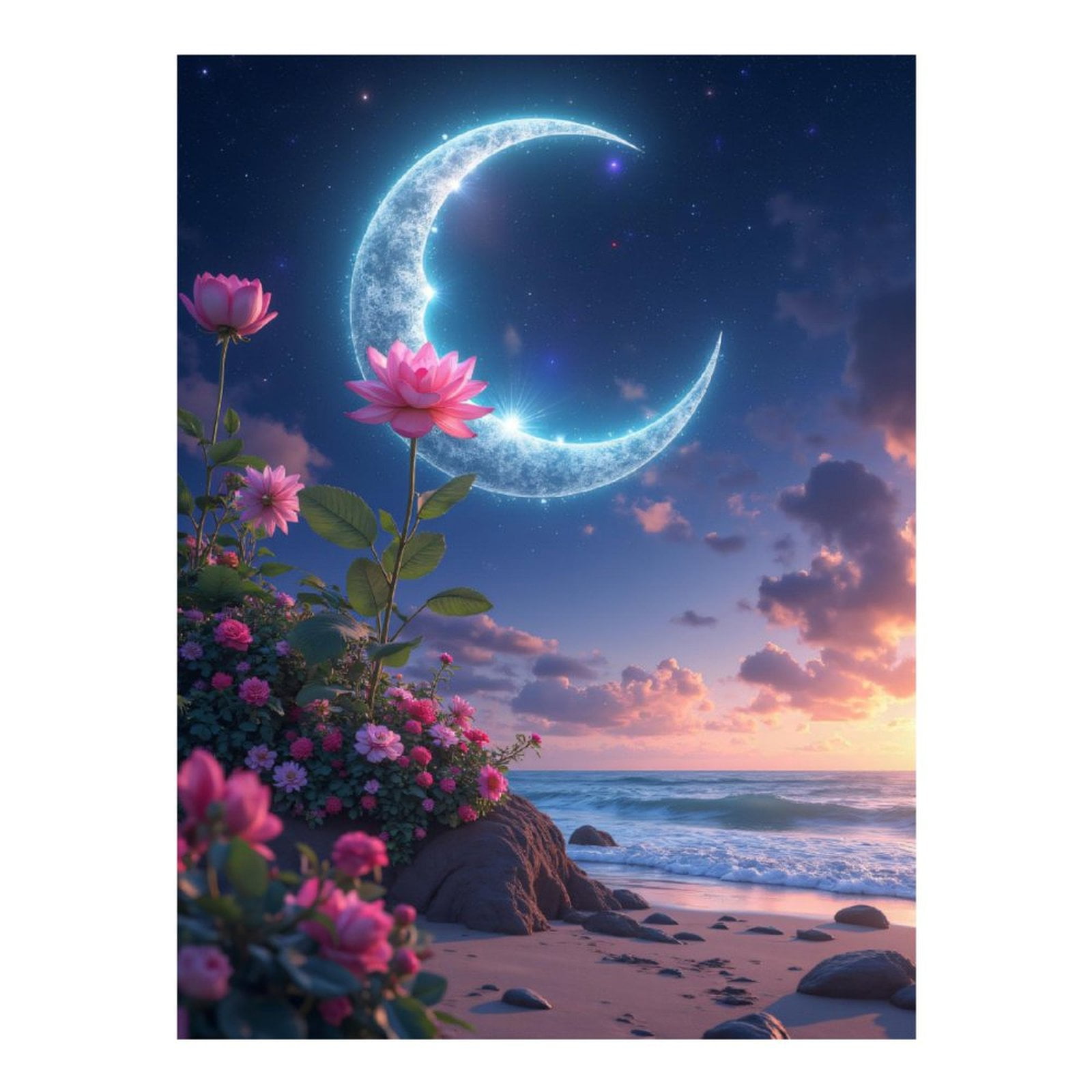 Diamond Art Kits for Adults - 5d Moonlit Beach Blossoms Scene Diamond ...