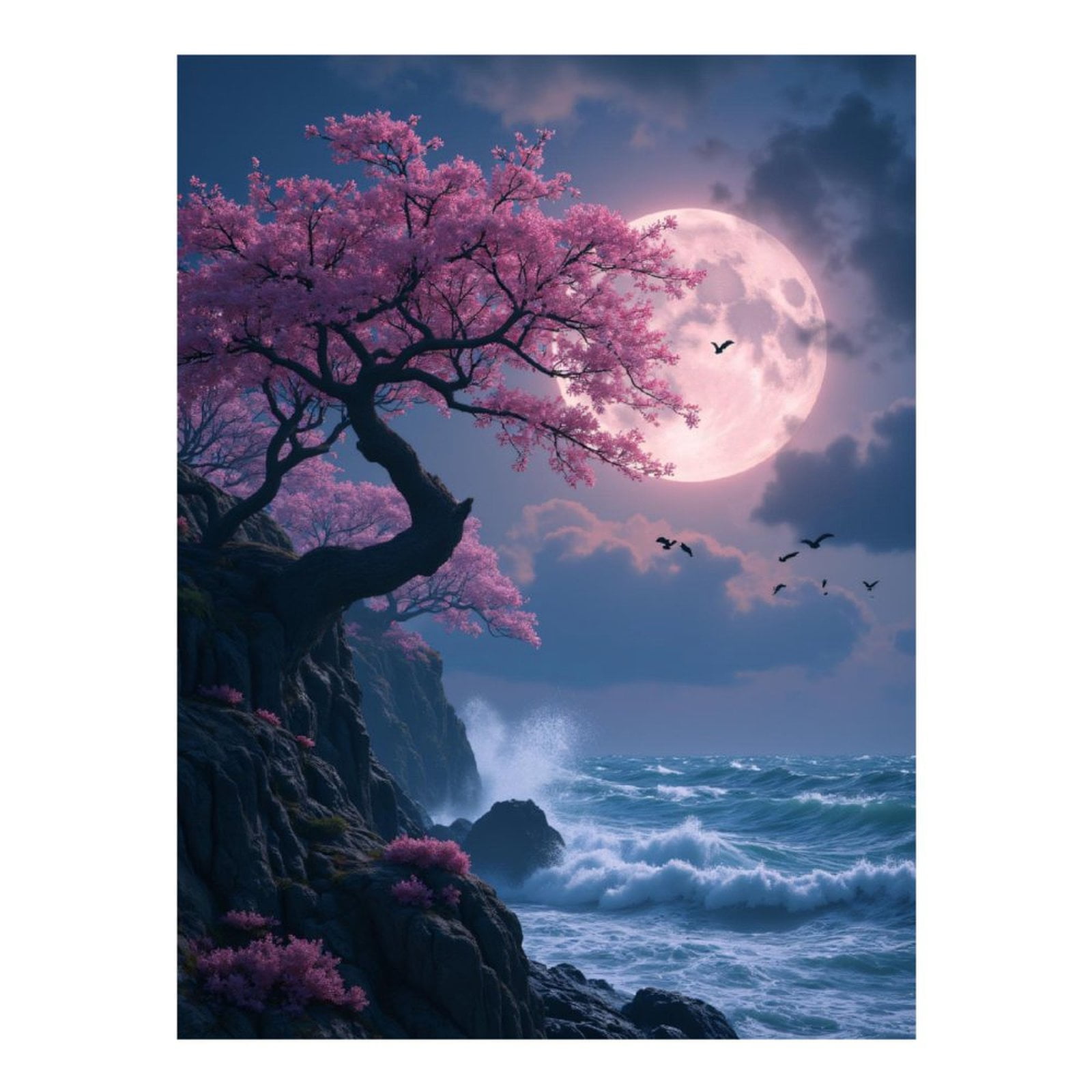 Diamond Art Kits for Adults - 5d Moonlit Cherry Blossom Seascape ...