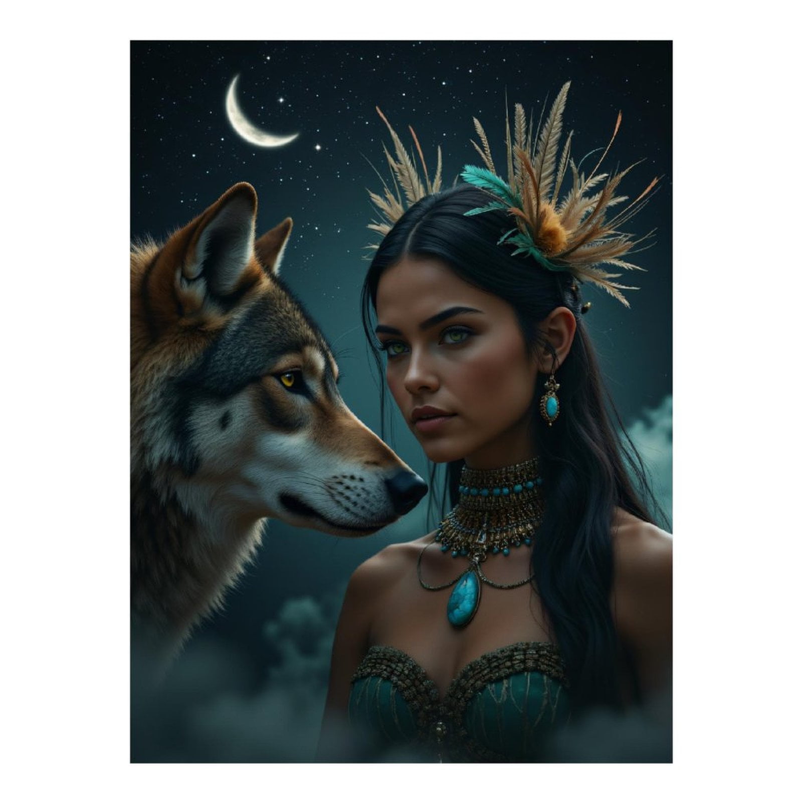 Diamond Art Kits for Adults - 5d Moonlit Woman Wolf Portrait Night Sky ...