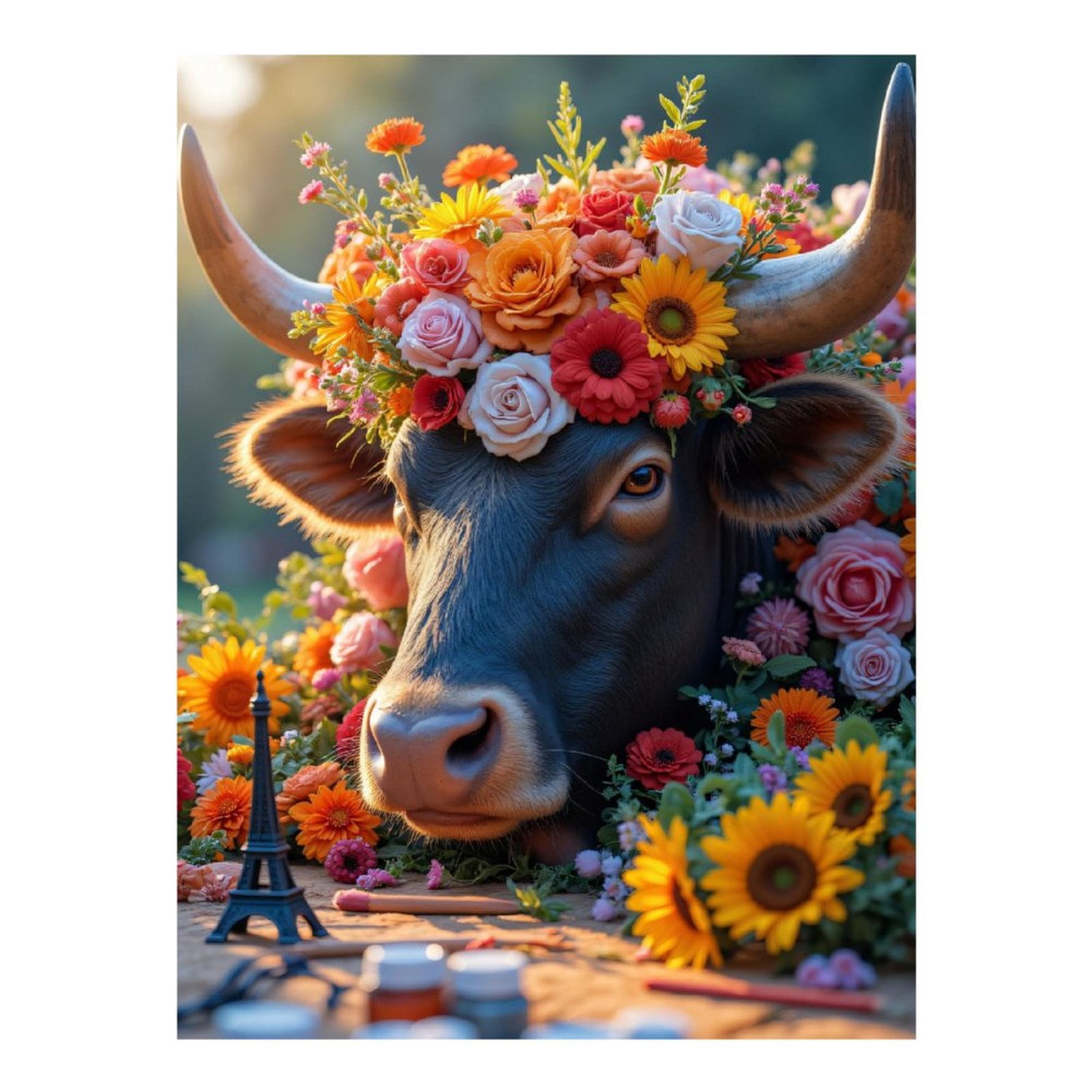 Diamond Art Kits for Adults - Flower Crowned Bull Statue Paris Scene 5d ...