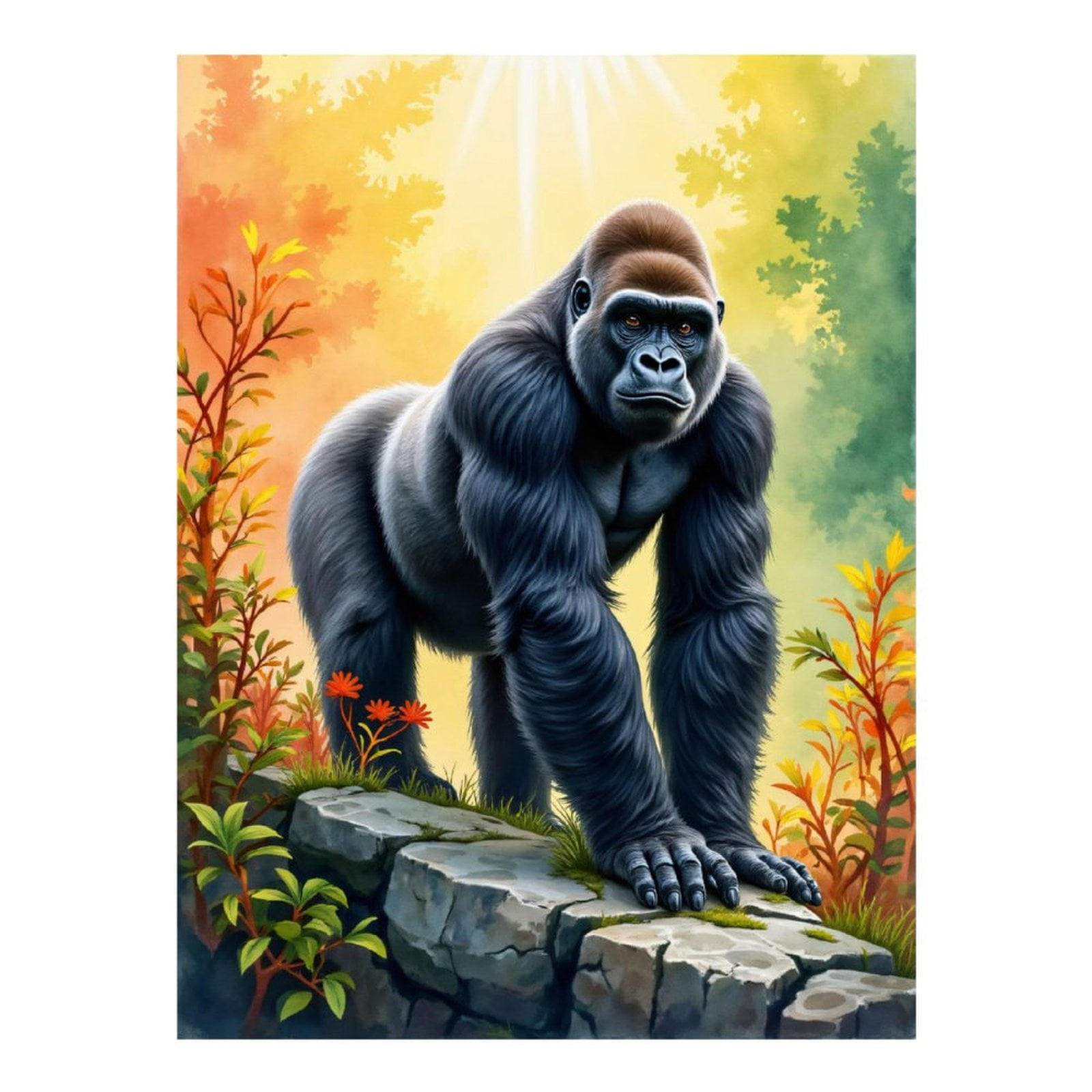Diamond Art Kits for Adults - Gorilla On Rock In Sunlit Forest 5d ...