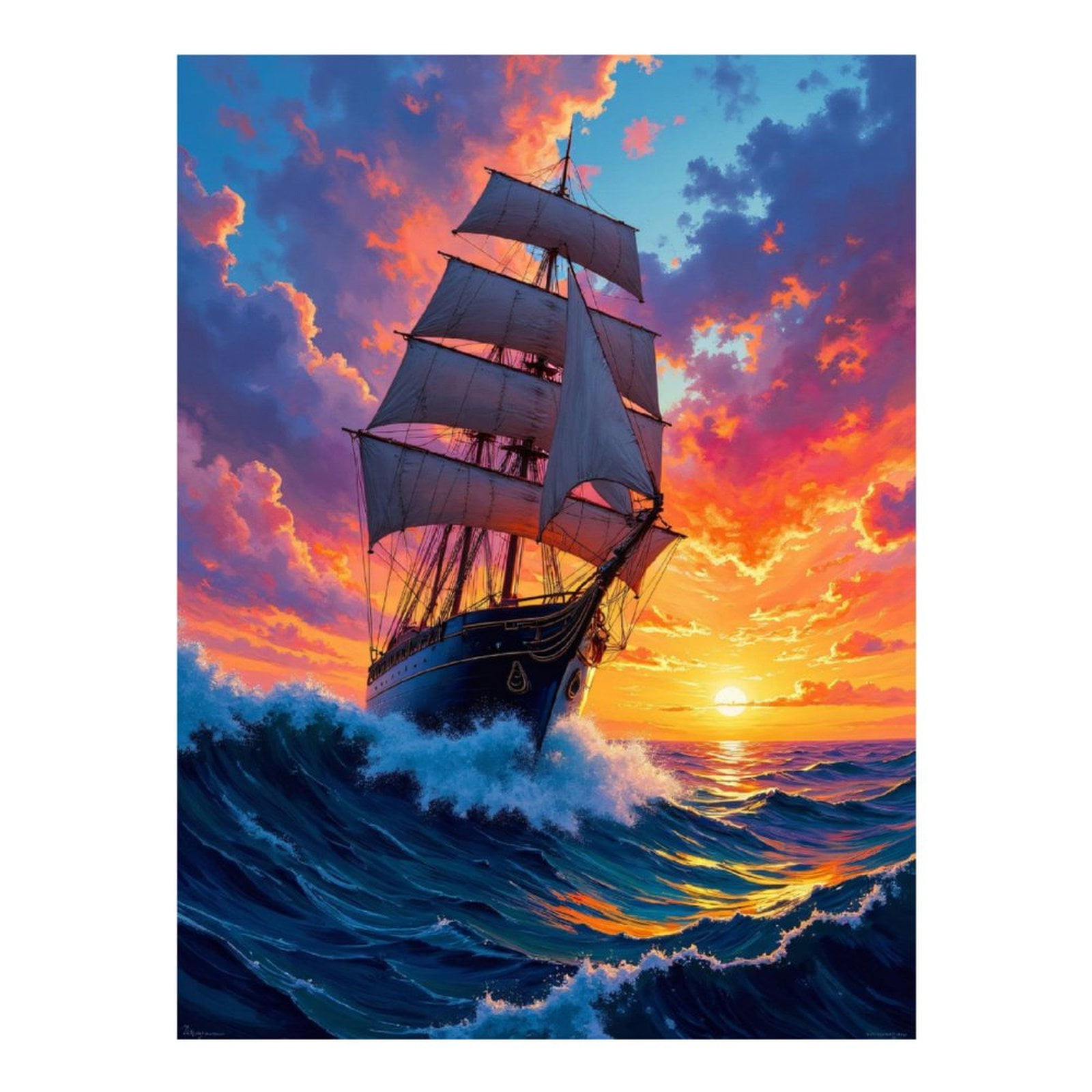 Diamond Art Kits for Adults, Sailing Ship Sunset Waves Ocean 5D Diamond ...