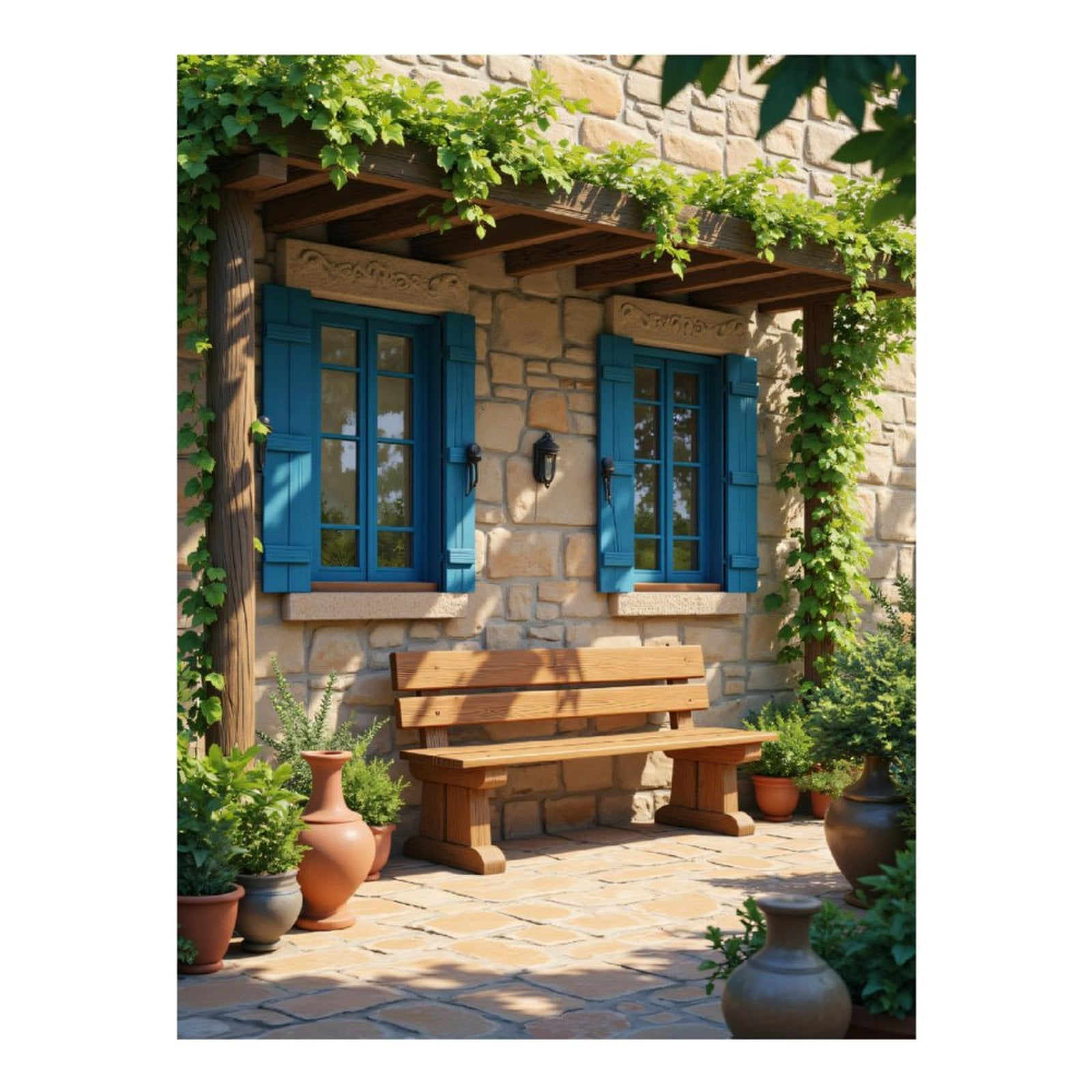 Diamond Art Kits for Adults - Stone Wall Blue Shutters Garden Bench 5d ...