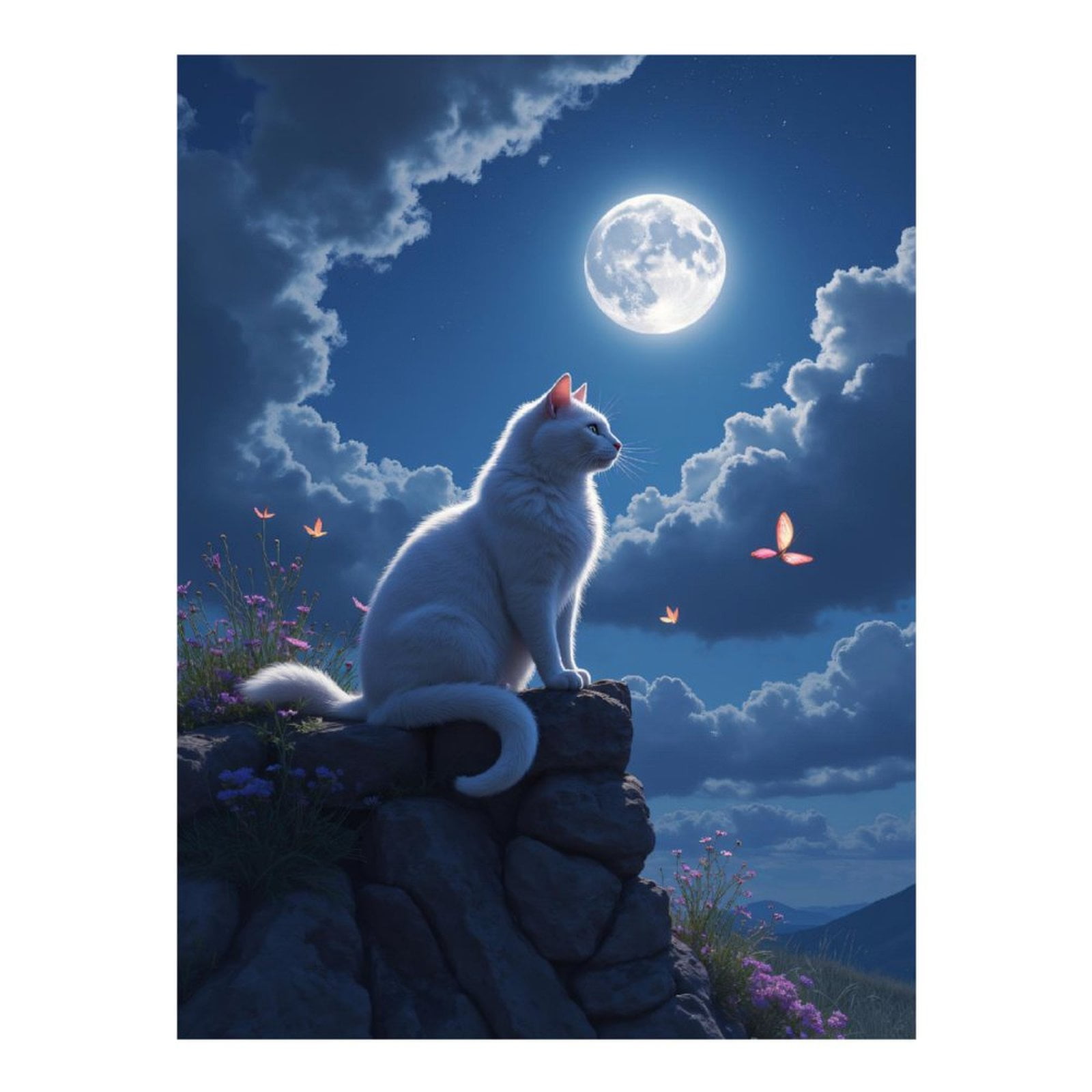 Diamond Art Kits for Adults, White Cat Moonlight Scene Butterflies 5D ...