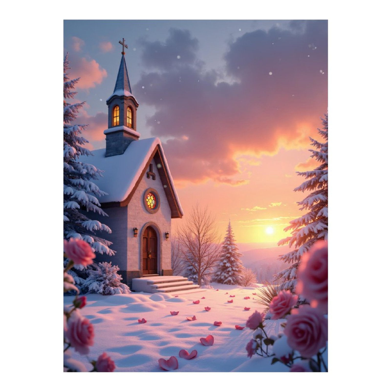 Diamond Art Kits for Adults - Winter Chapel Sunset Roses Snow 5d ...