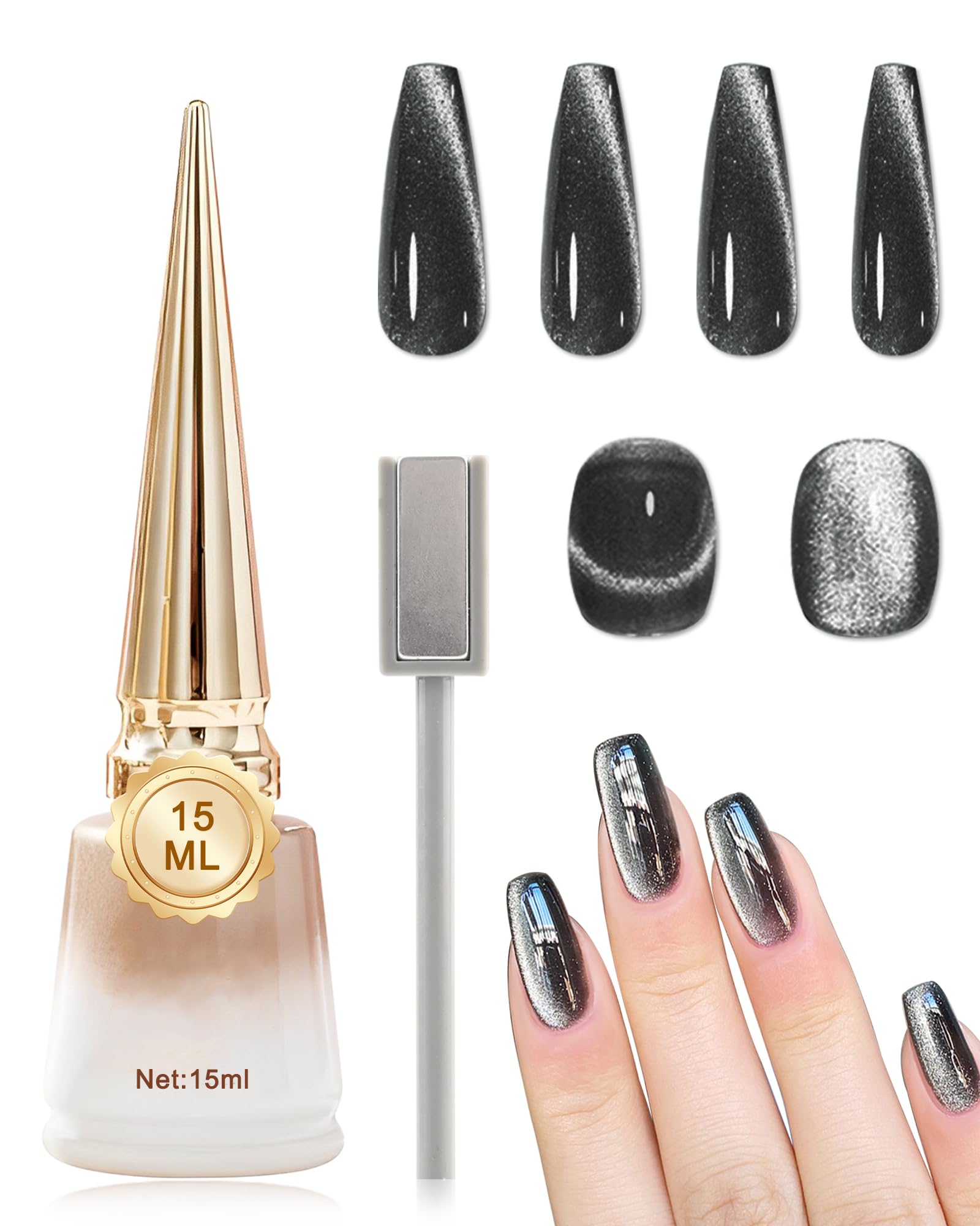 Diamond Black Cat Eye Gel Nail Polish with Stick,9D Holographic Galaxy ...