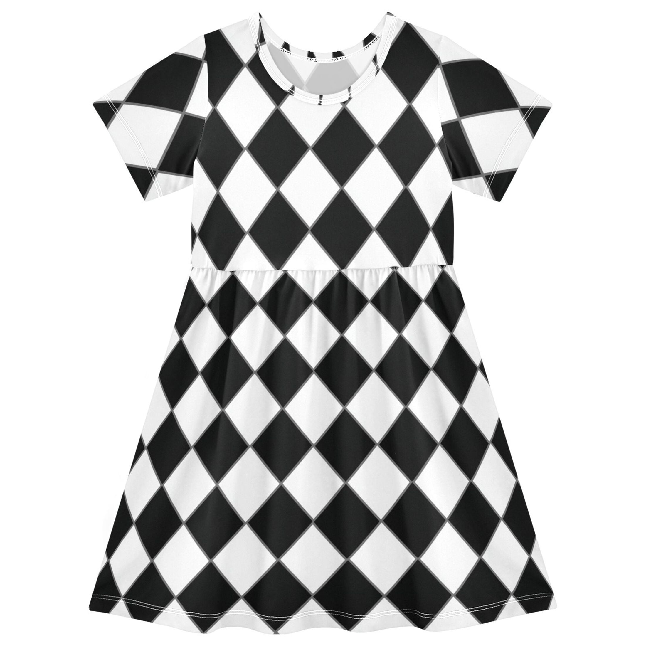 Diamond Black and White Grid Short Sleeve Dress A-Line Cute Midi Casual ...