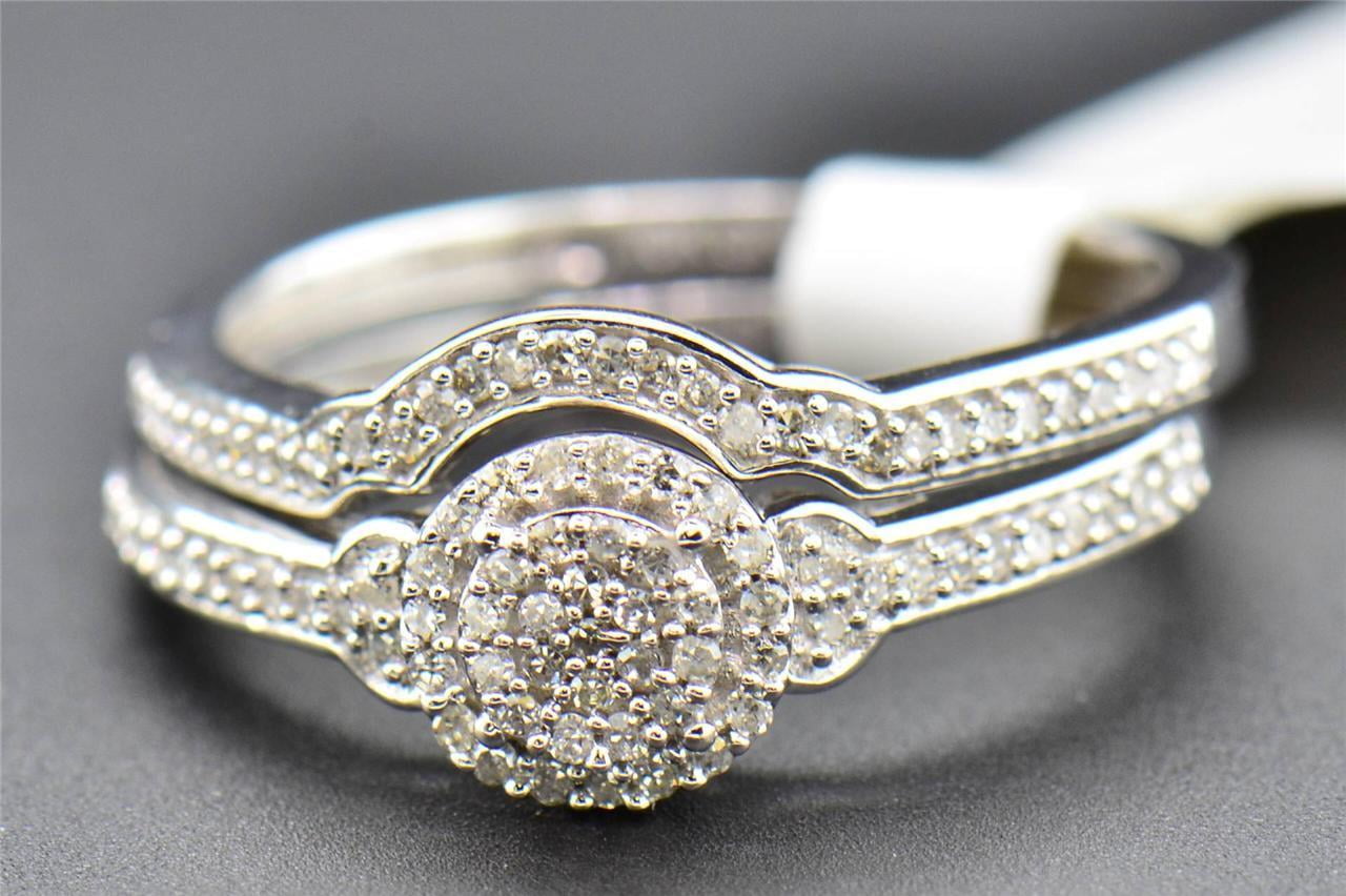 Diamond Bridal Set Engagement Ring Wedding Band 10K White Gold Pave 0. ...