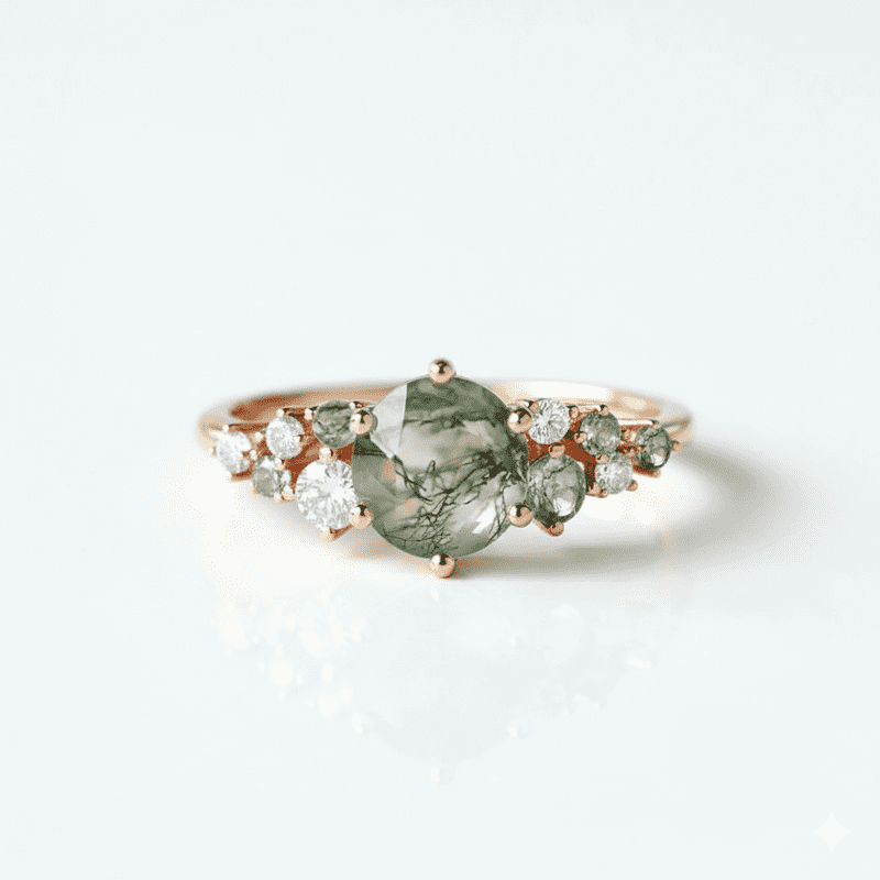 Diamond Cluster Moss Agate Ring, Statement Ring, Wedding Band Ring ...